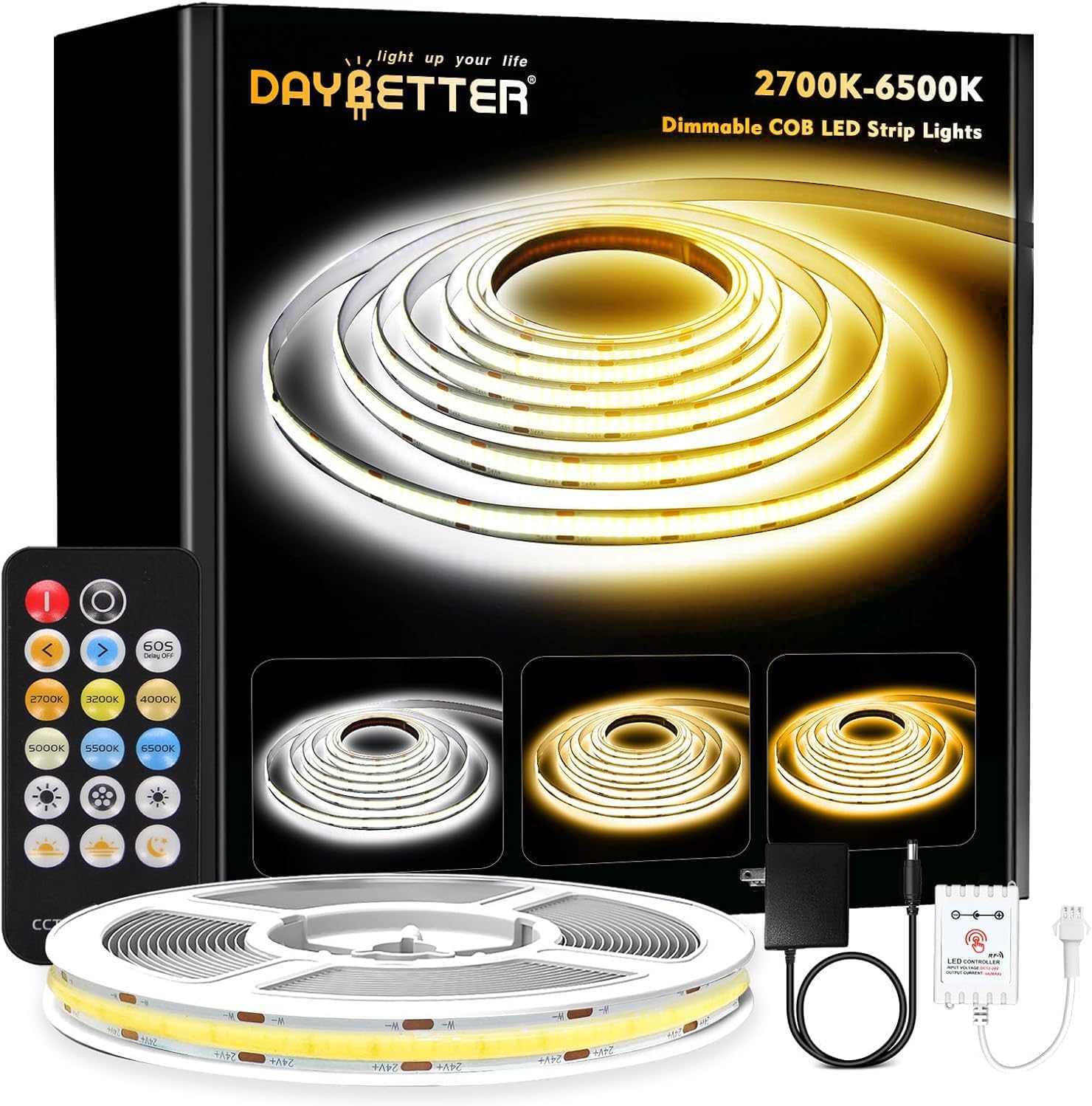 COB LED Strip Lights, Tunable White 2700K-6500K COB Light Strip with RF Remote, 3040 LEDs, CRI90 ...