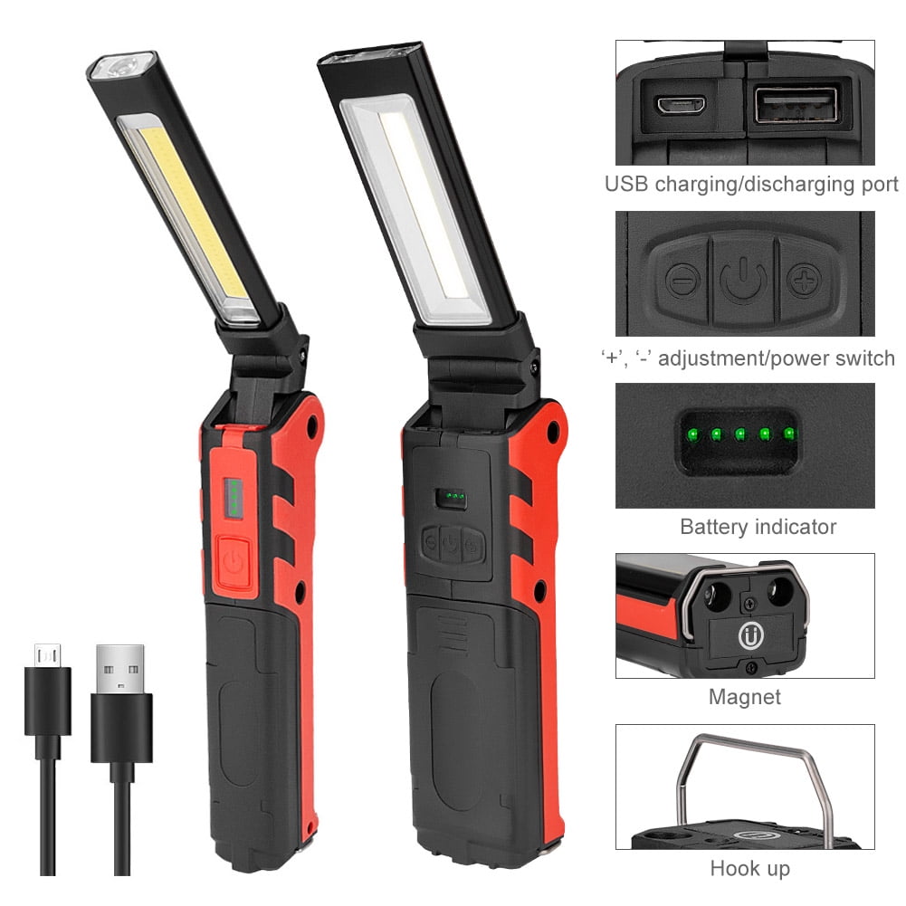 COB LED Work Light Dimmable USB Rechargeable LED Flashlight Inspection Lamp With Magnetic Hook ...