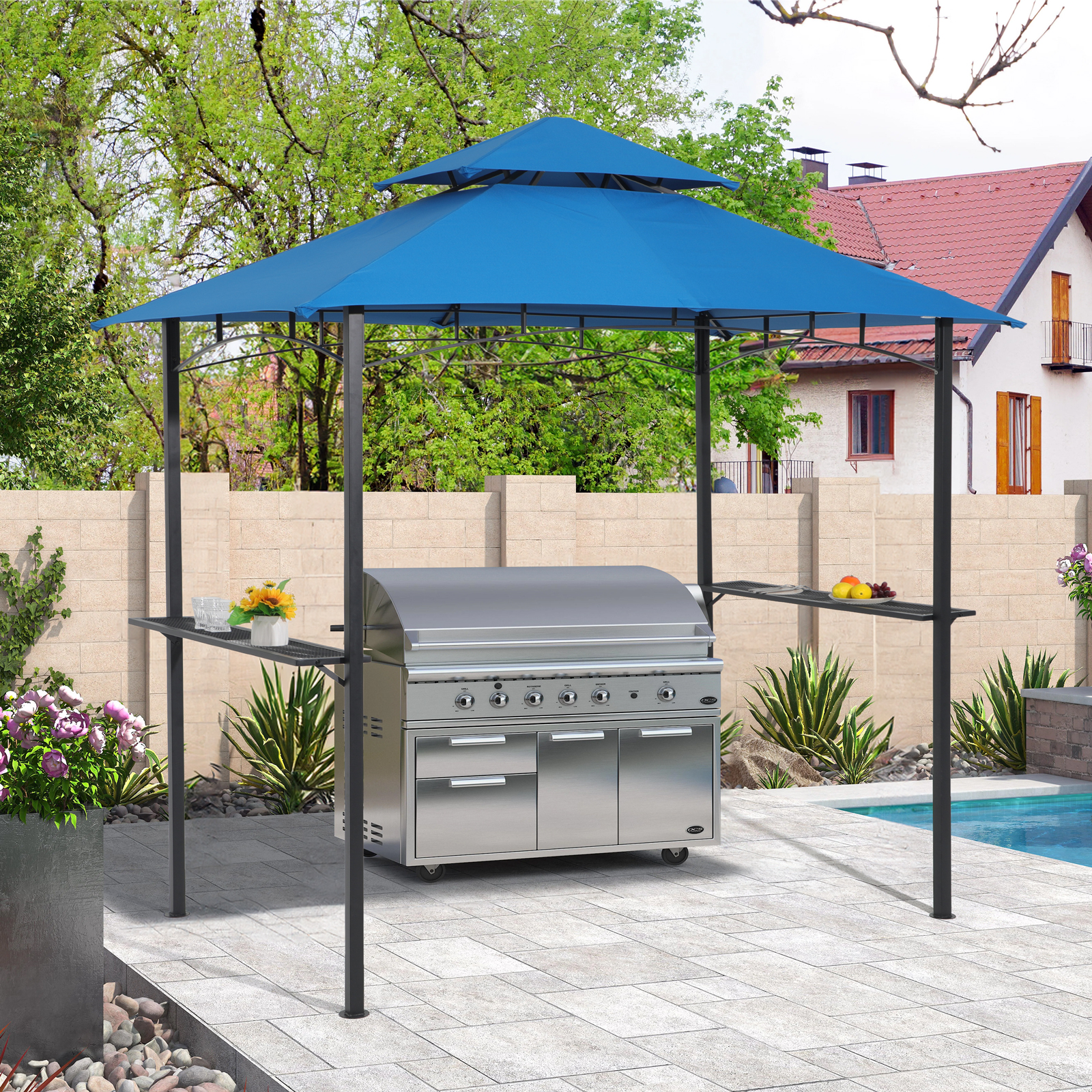 COBANA Outdoor Cooking BBQ Grill Cover Gazebo, 8x5ft Double Tiered ...