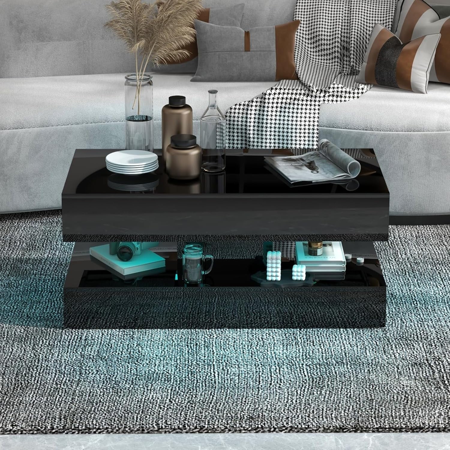 COBANA Modern High-Glossy Black Coffee Table, Large Rectangle LED ...