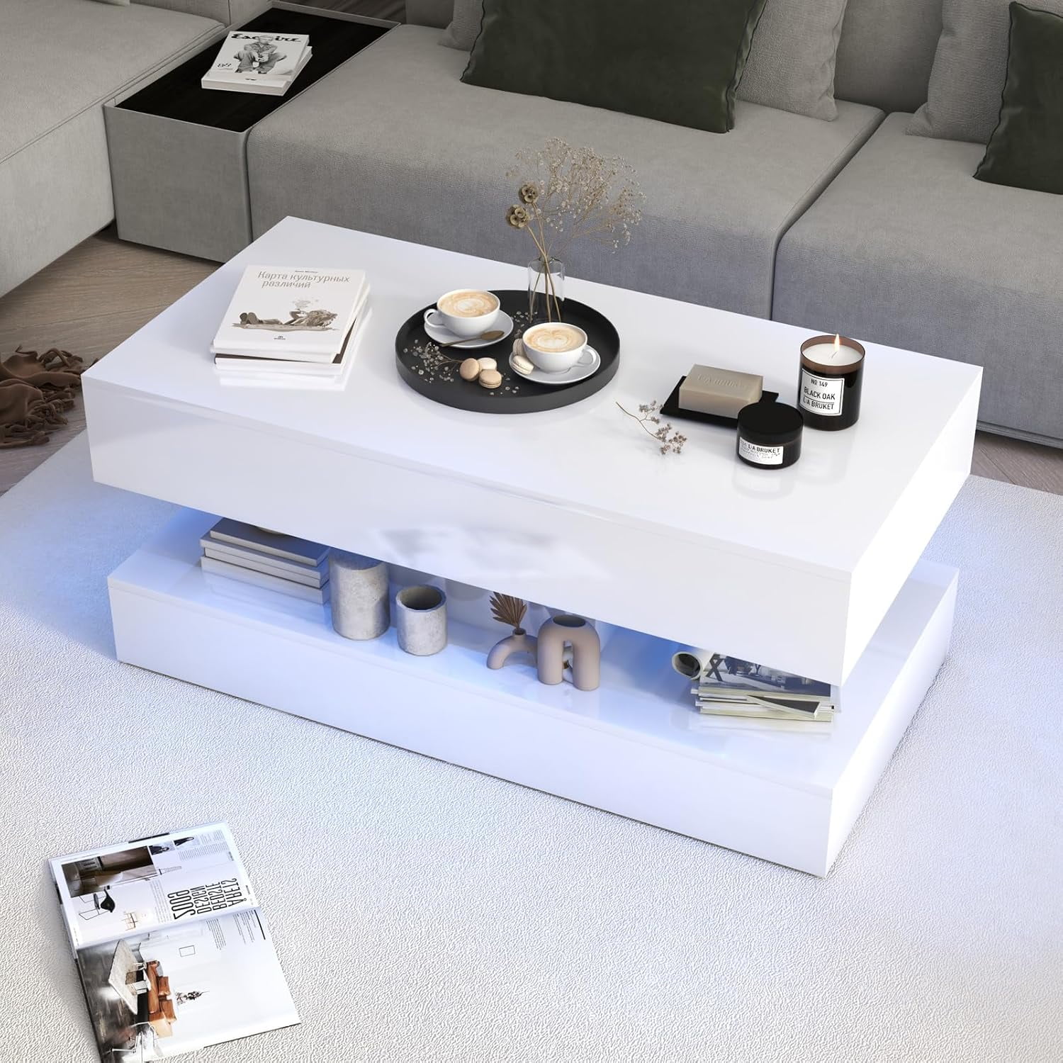 COBANA Modern High-Glossy Coffee Table,Large Rectangle LED Coffee Table ...