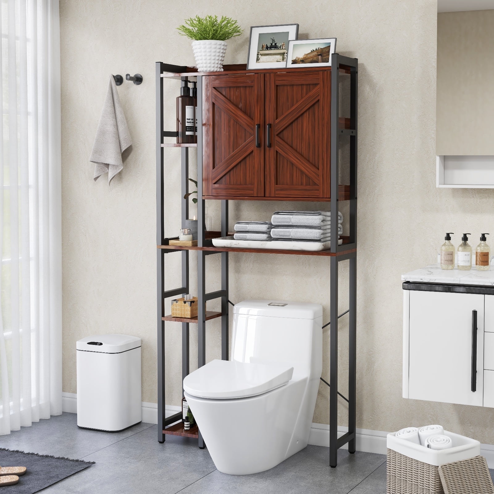COBANA Over The Toilet Storage Cabinet, Double Door Bathroom Shelves ...