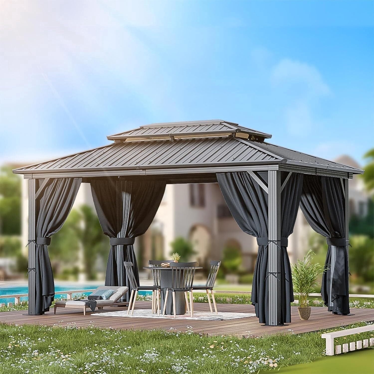 Hoteel 10x12 Gazebo, Galvanized Steel Roof, Flame-Resistant, Heavy Duty ...