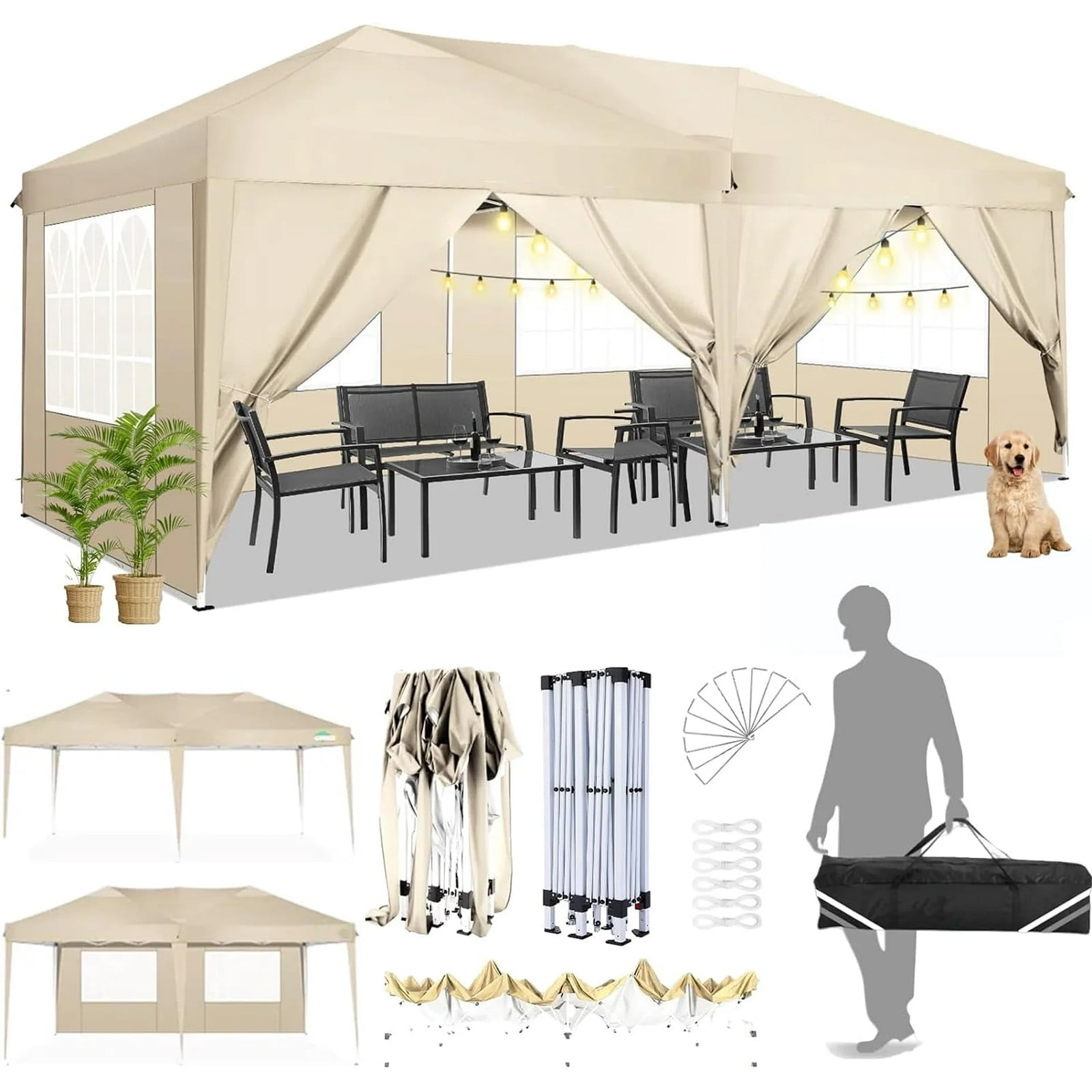 COBIZI 10x20 Waterproof Pop Up Canopy Tent, Outdoor Event Shelter with Removable Sides, Khaki ...