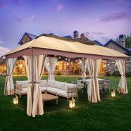 Sunjoy Gale 11 x 13 ft. Outdoor Patio Premium Cedar Wood Frame Gazebo with Brown Steel Gable ...