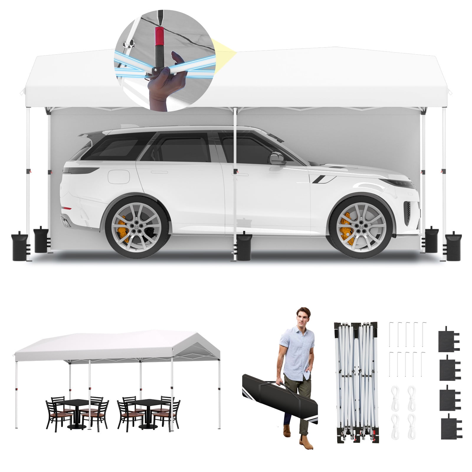 COBIZI Carport 10x20 Pop up Canopy with 1-Button Push Center Lock ...