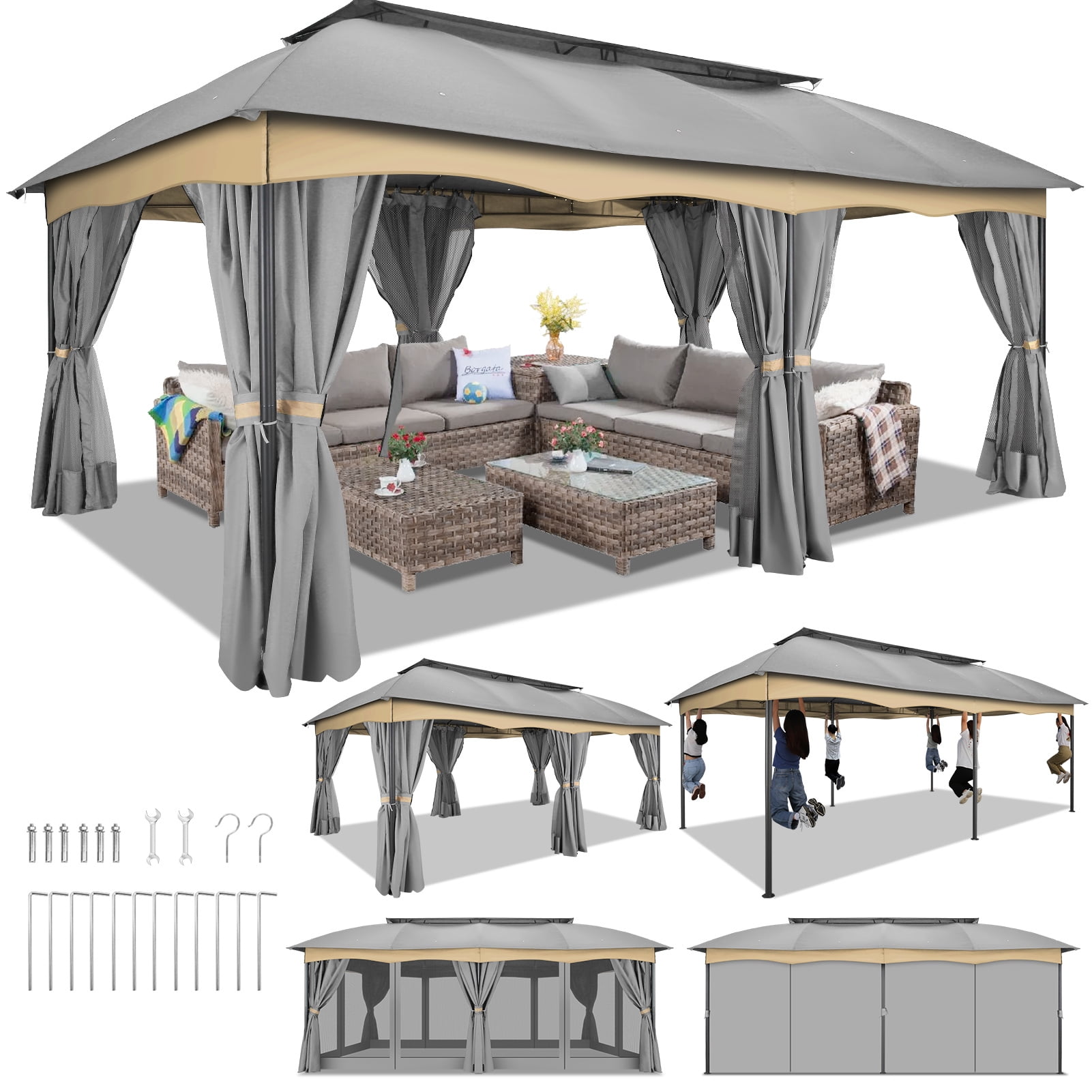 COBIZI Gazebo 12x20 Heavy Duty Patio Gazebo with Mosquito Netting Deck ...