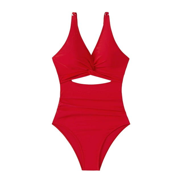Cobkk High Neck Swimwear Clearan Womens New Solid Color Hollow Swimsuit Thong Bikini Q 447 Red