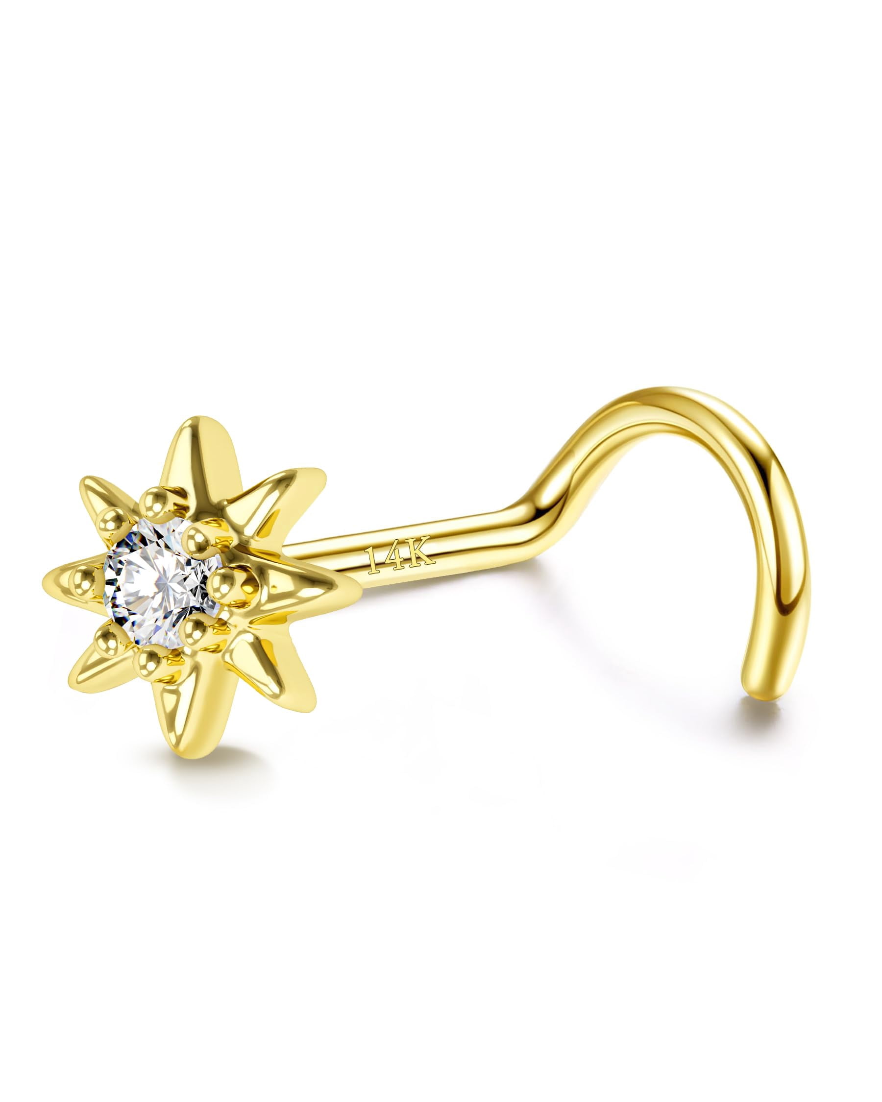 COCHARM 14K Yellow Gold Nose Stud 20g - Real Gold Star Nose Piercing ...
