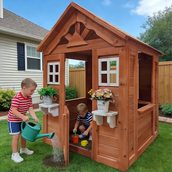 "COCLUB Kids Outdoor Playhouse, Wooden Playset with Door, Windows ...