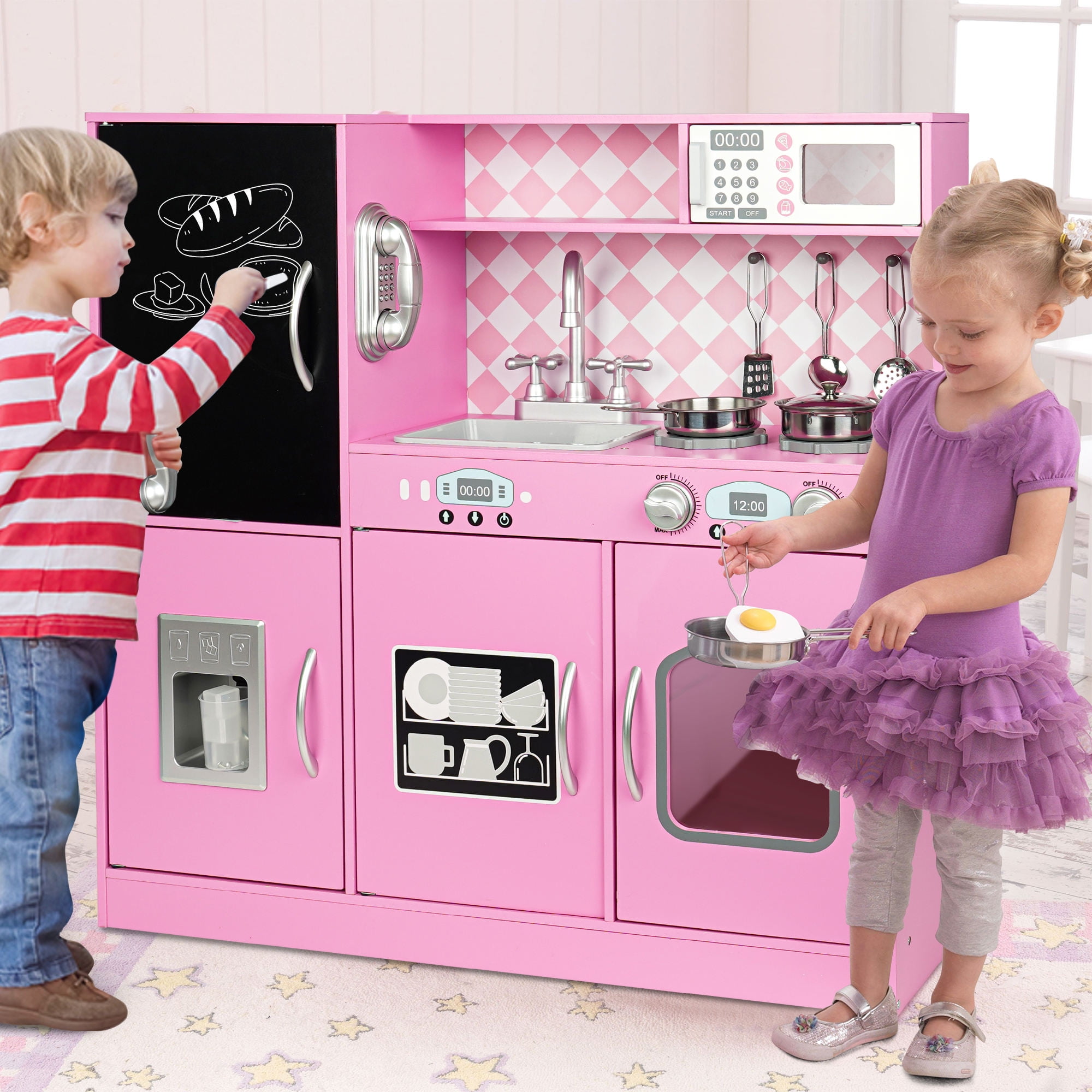COCLUB Play Kitchen, Wooden Kids Kitchen Playset with Chalkboard, Ice ...