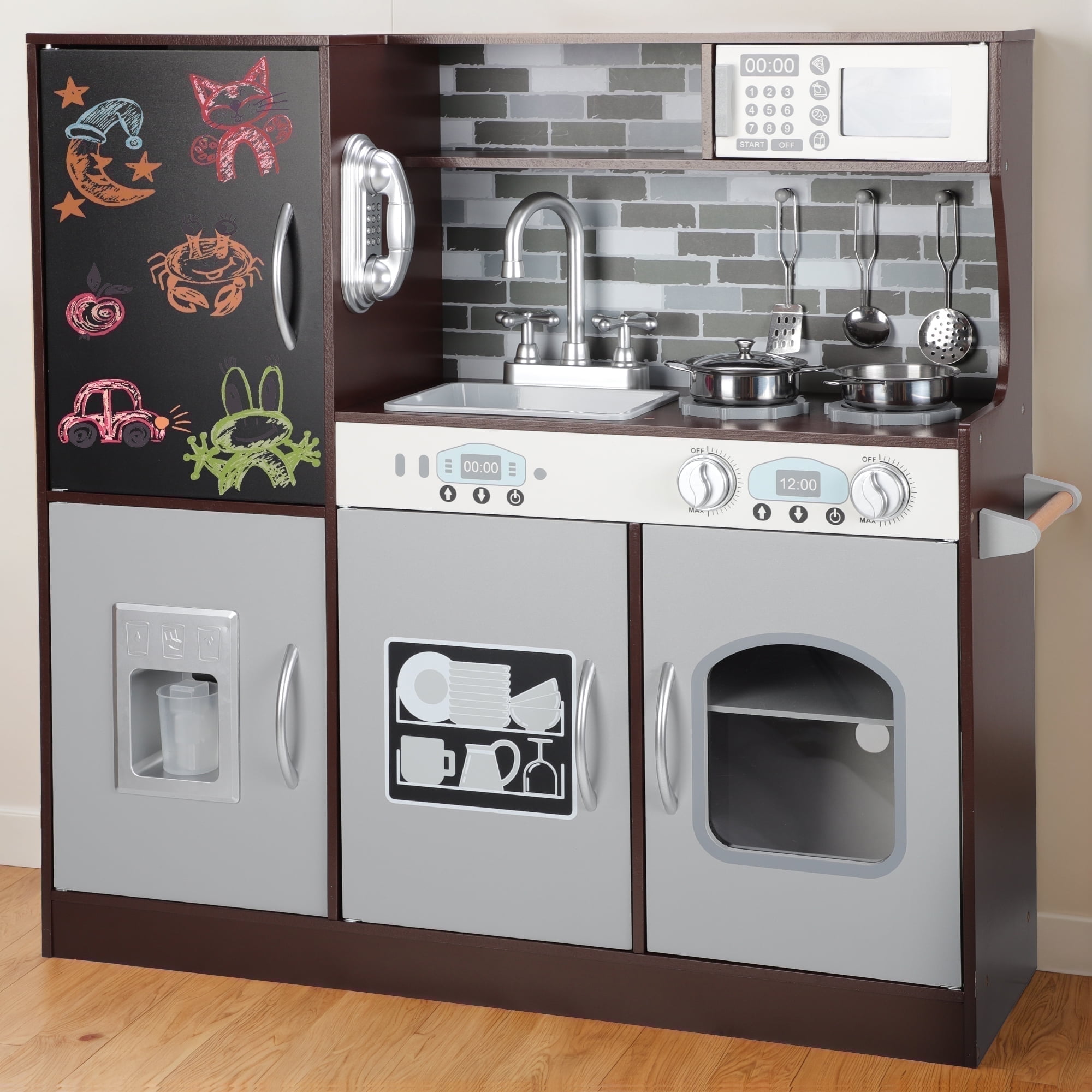 COCLUB Play Kitchen, Wooden Kids Kitchen Playset with Chalkboard, Ice ...