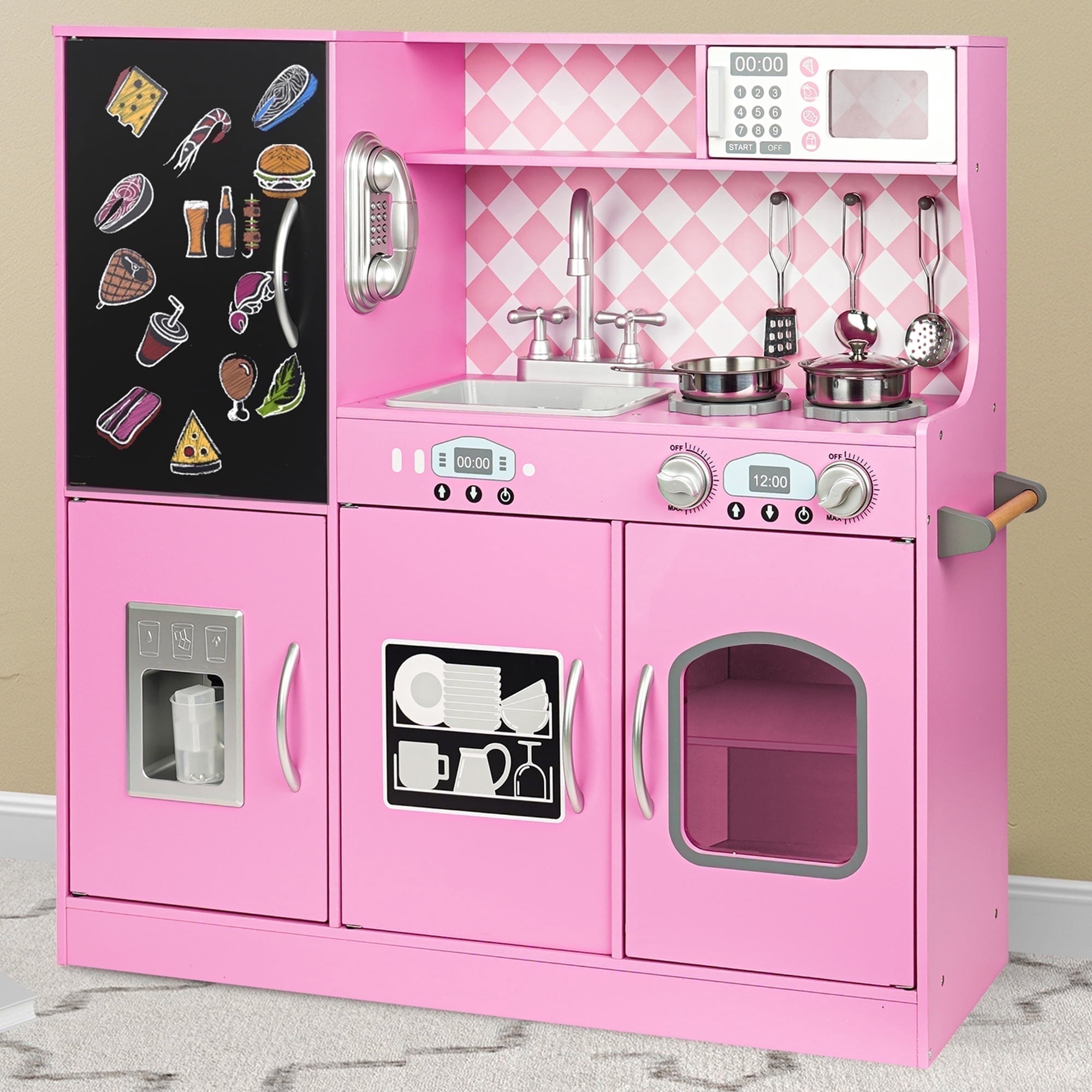 COCLUB Play Kitchen, Wooden Kids Kitchen Playset with Chalkboard, Ice ...