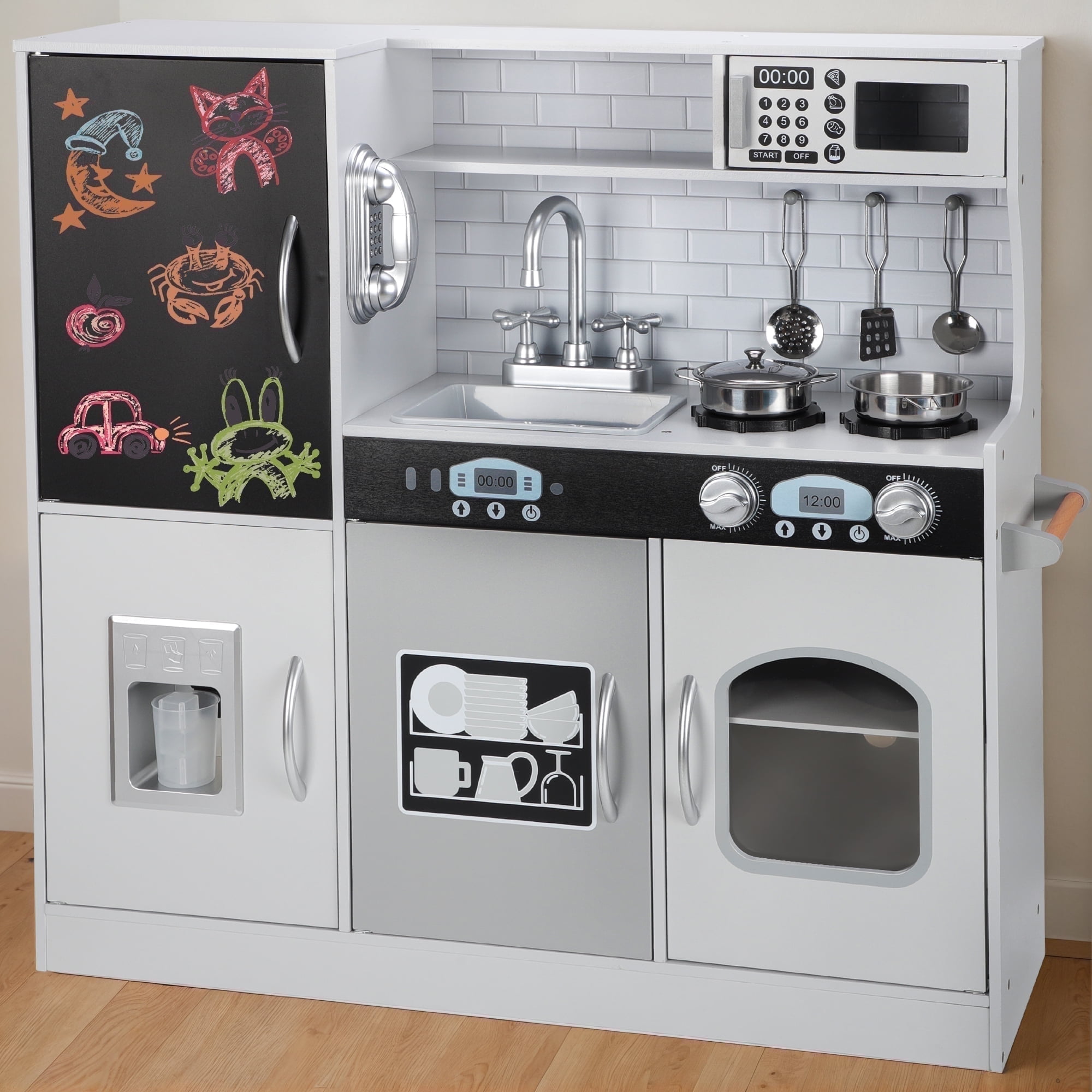 COCLUB Play Kitchen, Wooden Kids Kitchen Playset with Chalkboard, Ice ...