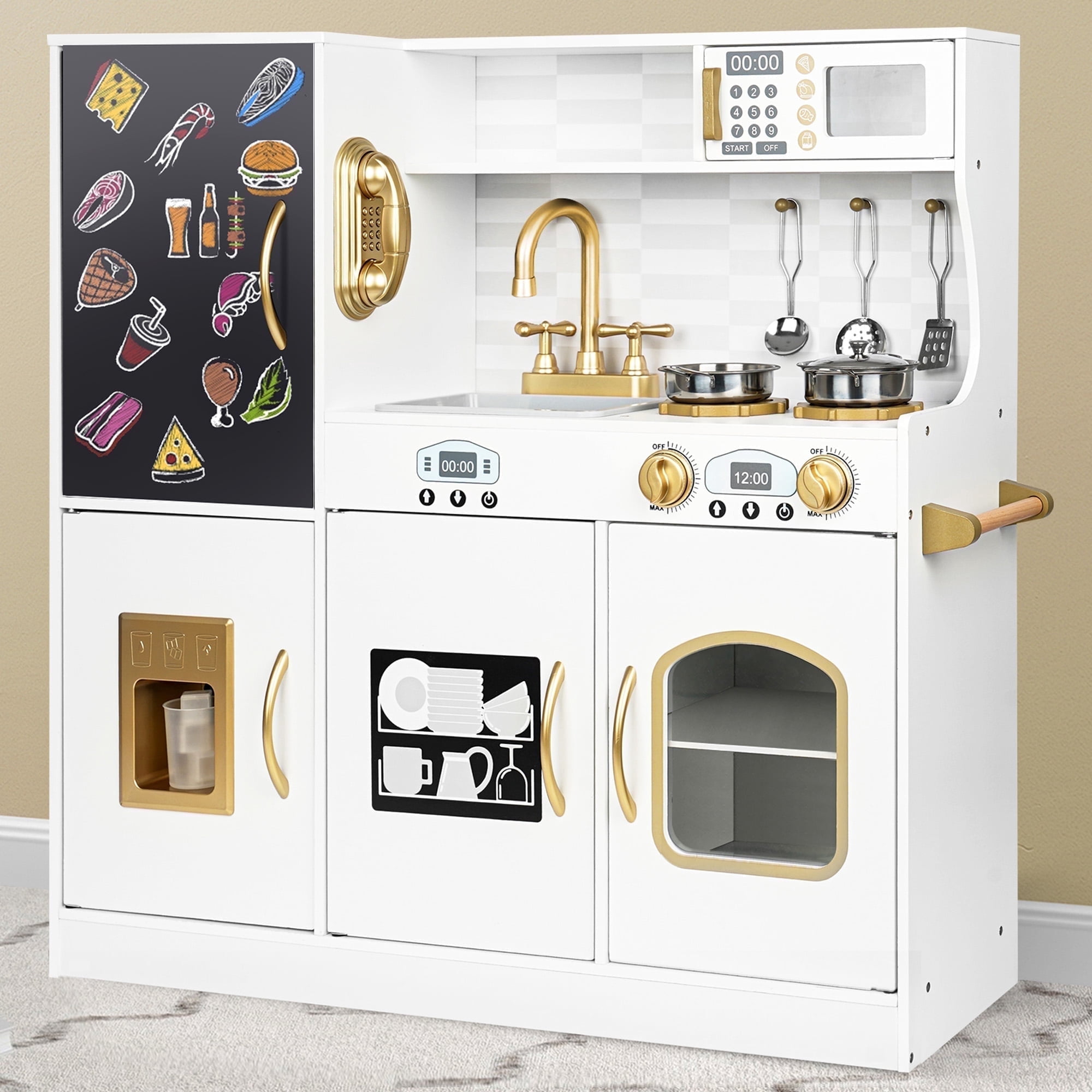 COCLUB Play Kitchen, Wooden Kids Kitchen Playset with Chalkboard, Ice ...