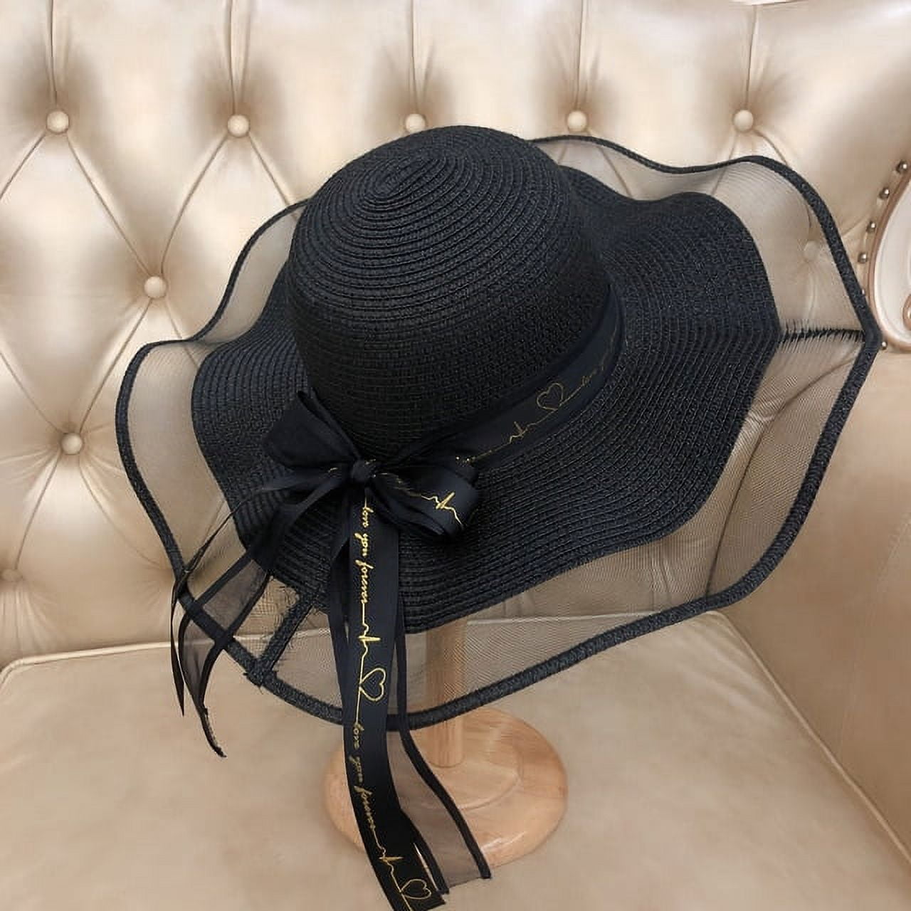 COCOpeaunt Korean Style Woman Straw Gauze Joint Bow Ribbon Large Brim ...