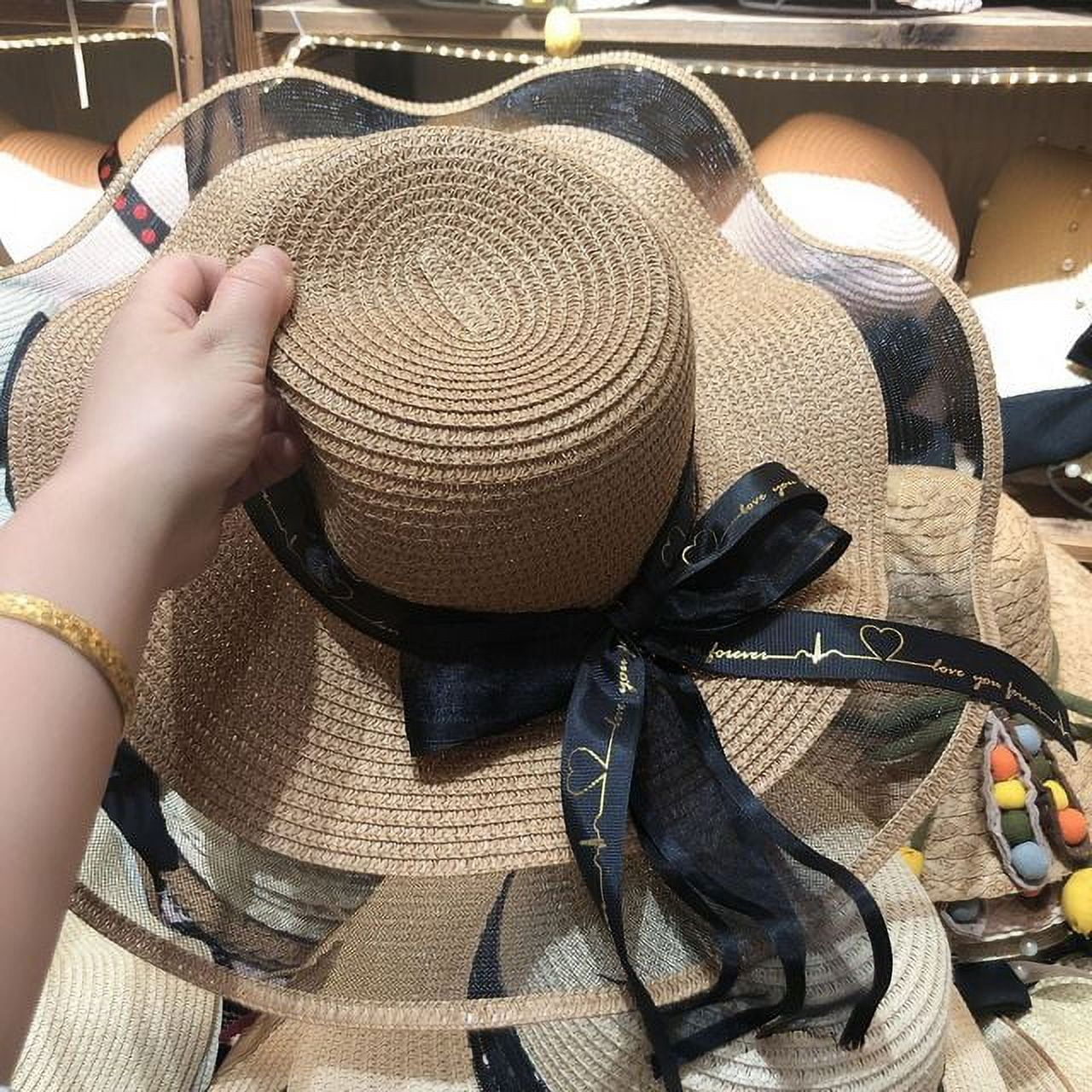 COCOpeaunt Korean Style Woman Straw Gauze Joint Bow Ribbon Large Brim ...