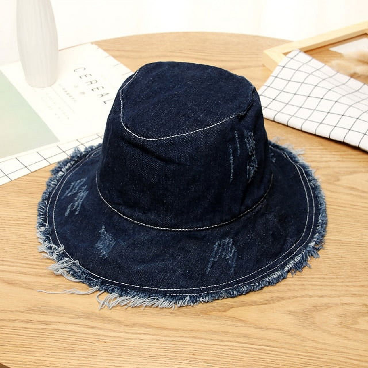 COCOpeaunt New Denim Raw Edge Women Man Bucket Hat with Holes Cowboy ...