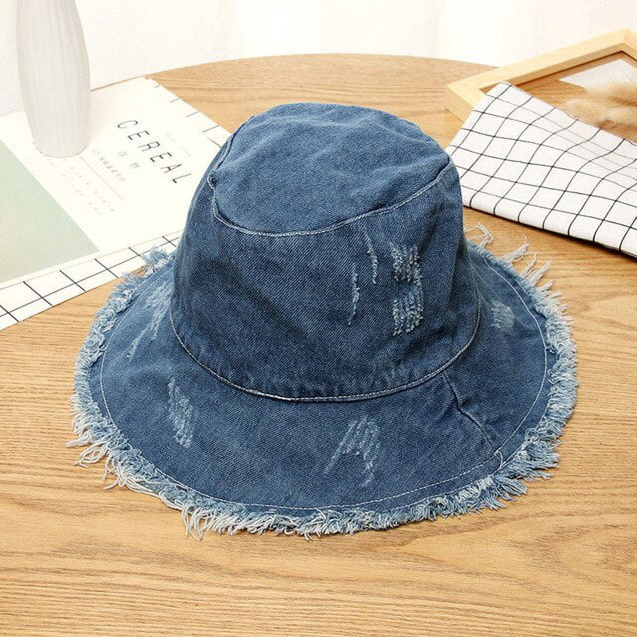 COCOpeaunt New Denim Raw Edge Women Man Bucket Hat with Holes Cowboy ...
