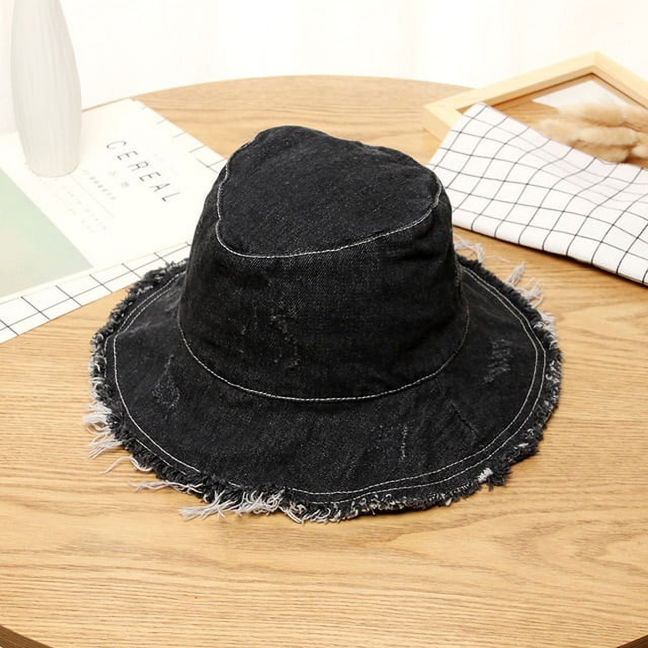 COCOpeaunt New Denim Raw Edge Women Man Bucket Hat with Holes Cowboy ...