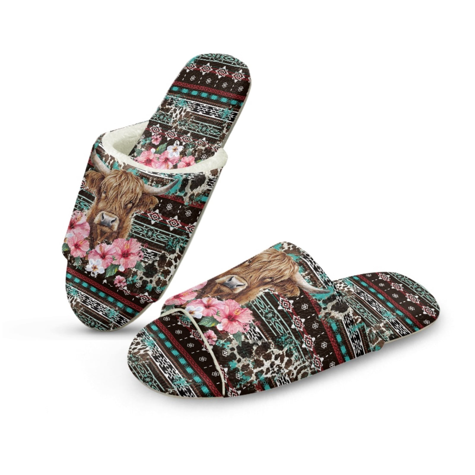COEQINE American Tribal Highland Cow Hibiscus Winter Slippers for Women ...