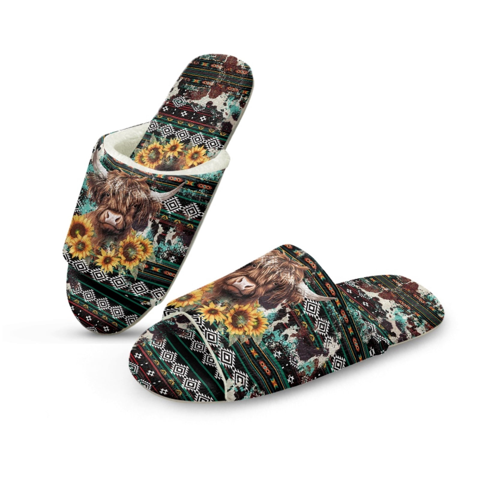 COEQINE American Tribal Highland Cow Sunflower Slippers for Women ...