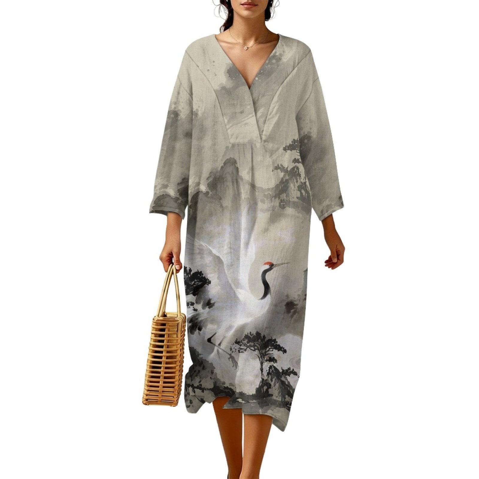 COEQINE Bohemian Asian Dress for Women 3/4 Sleeve Wrap V-Neck Flowy Zen ...
