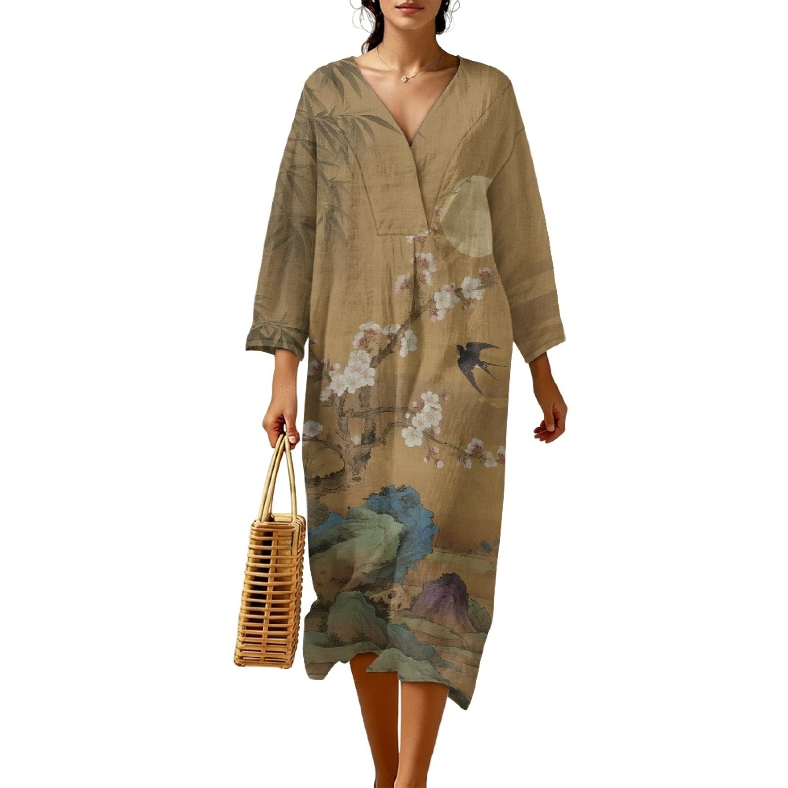 COEQINE Bohemian Women's Dress 3/4 Sleeve Wrap V-Neck Midi A Line Loose ...