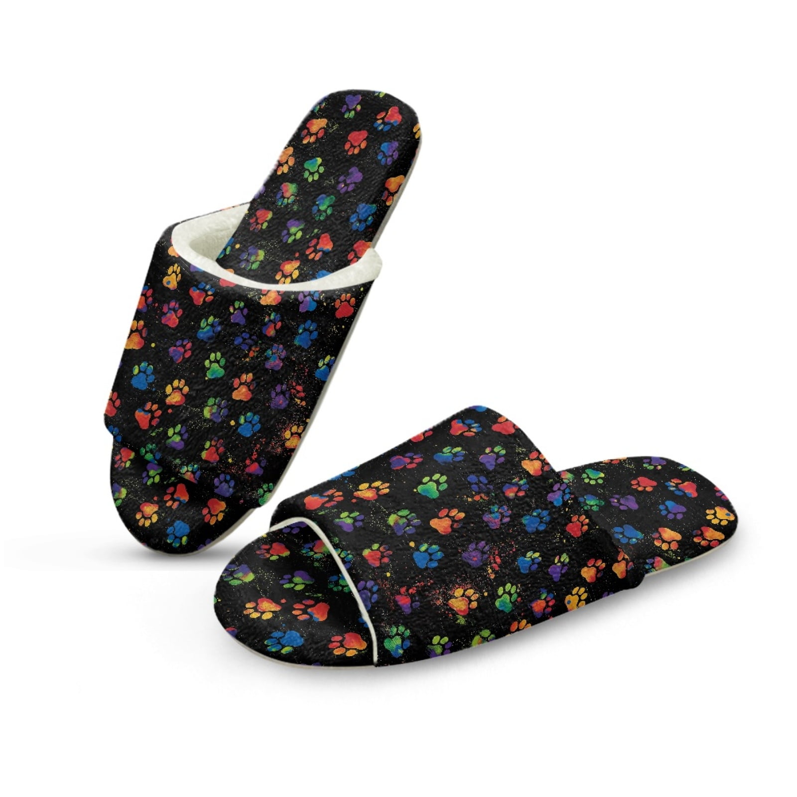 COEQINE Colorful Paw Black Womens Fluffy Slippers Comfortable Mens ...