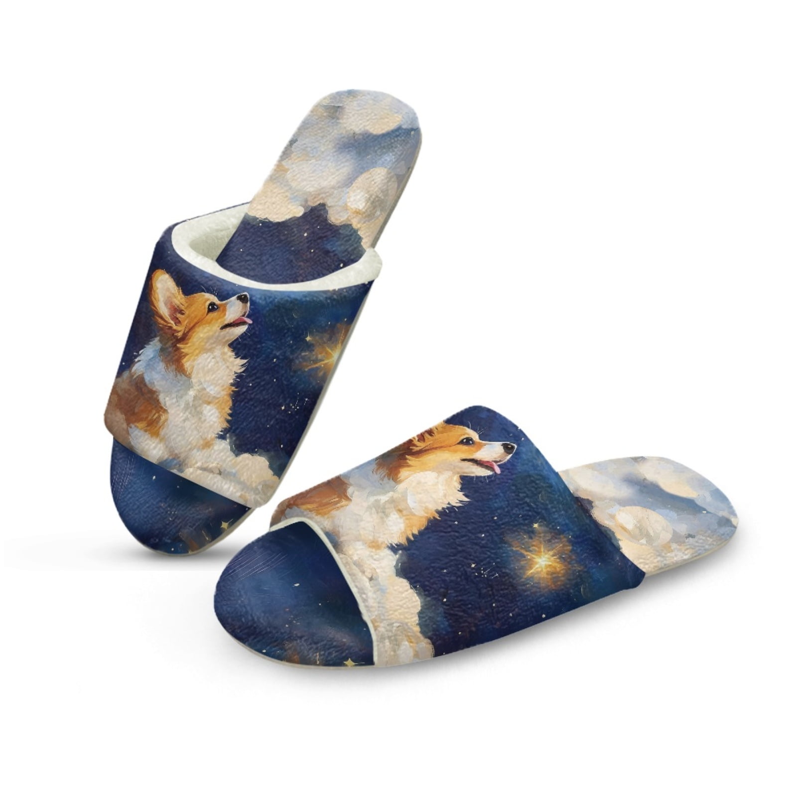 COEQINE Corgi Starry Fluffy Slippers for Women, Open Toe Fluffy Sandals ...