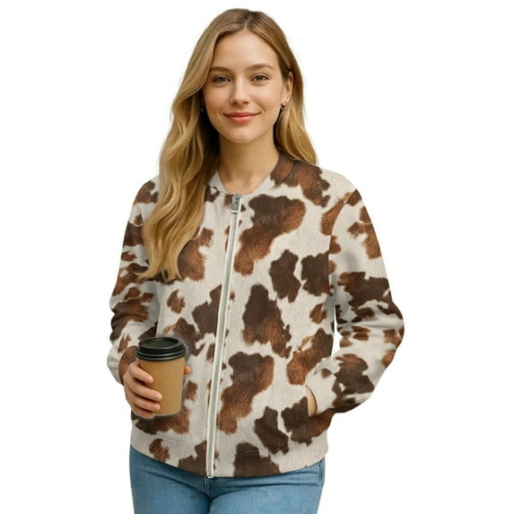 COEQINE Cow Print Bomber Jacket Women 2025 Zip Up Stand Collar Bomber ...