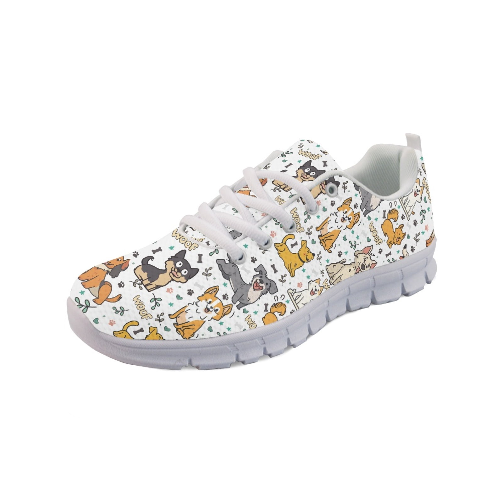 COEQINE Cute Dog Woof Women Running Shoes Lace-up White Sole Puppy ...