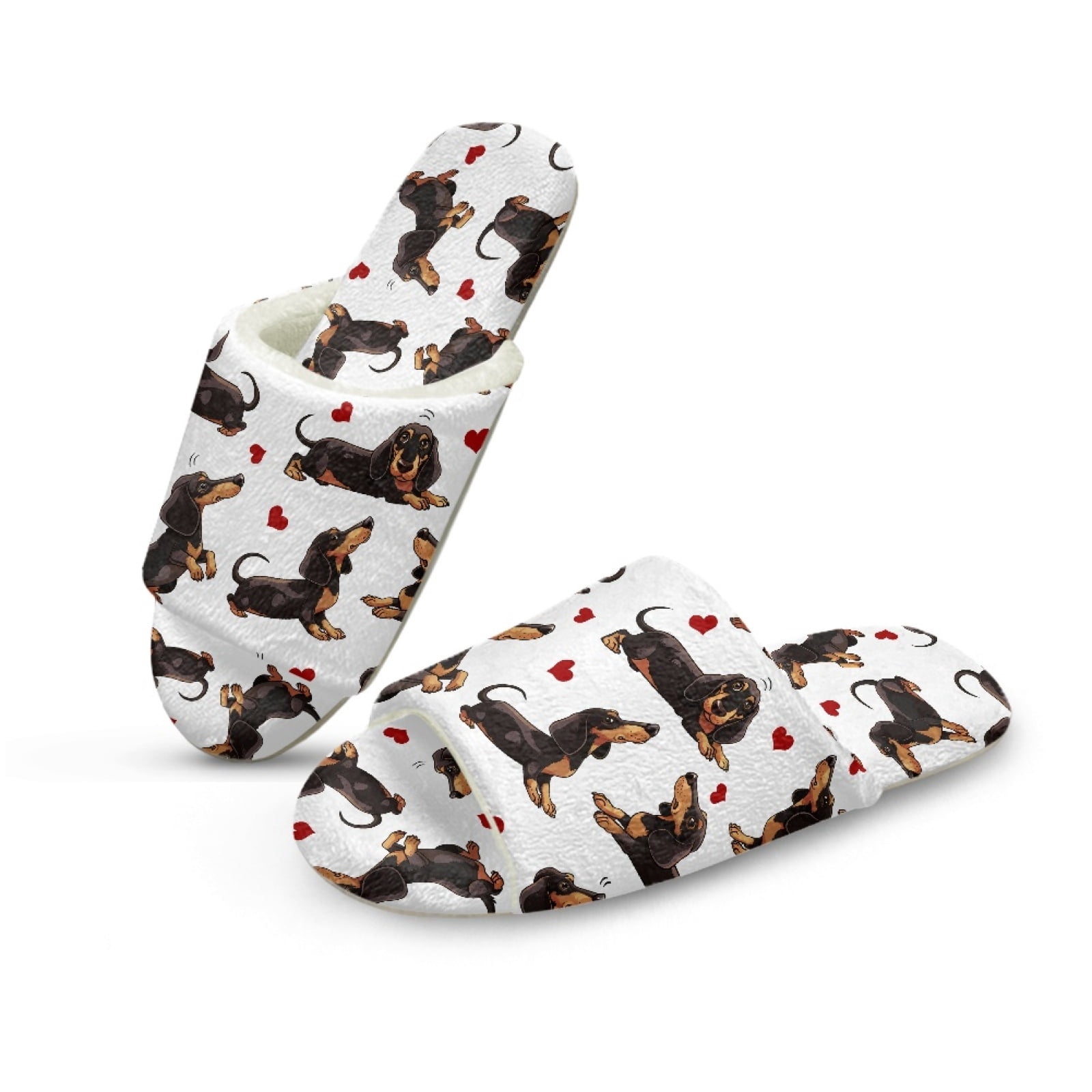 COEQINE Dachshund Heart White Fluffy Slippers for Women, Open Toe ...