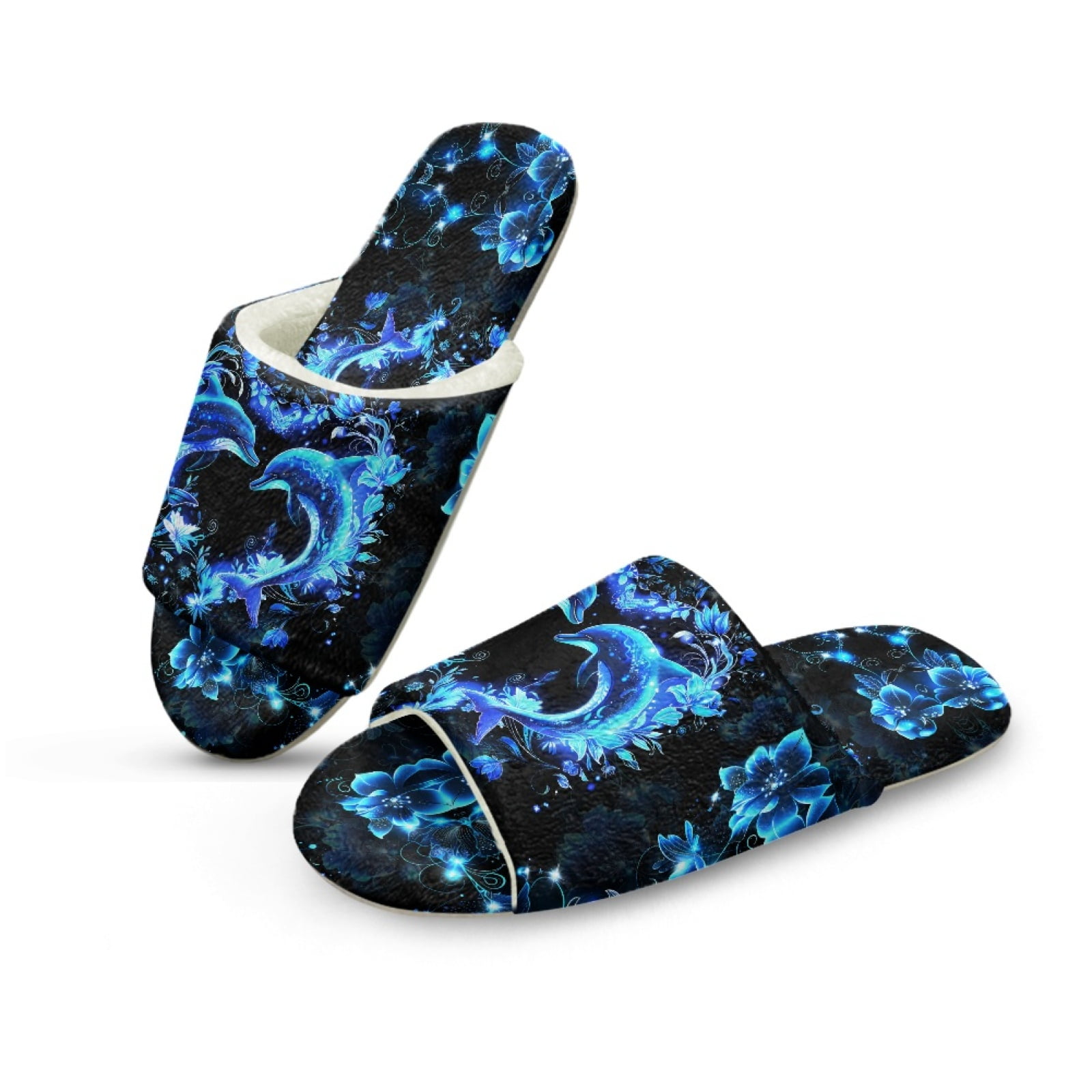COEQINE Dolphin Flower Blue Warm Slippers for Women, Lightweight Fuzzy ...