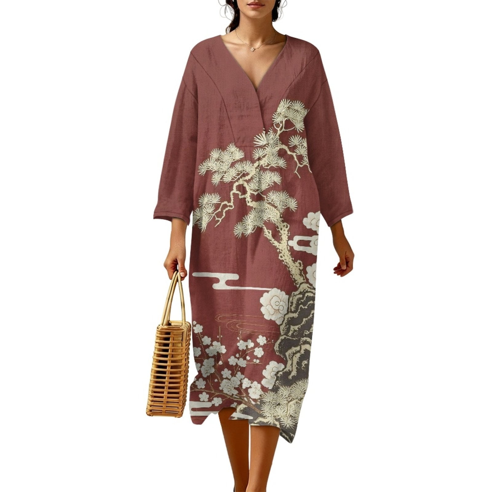 COEQINE Elegant Tunic Dress for Women, Retro Oriental Boho V Neck 3/4 ...