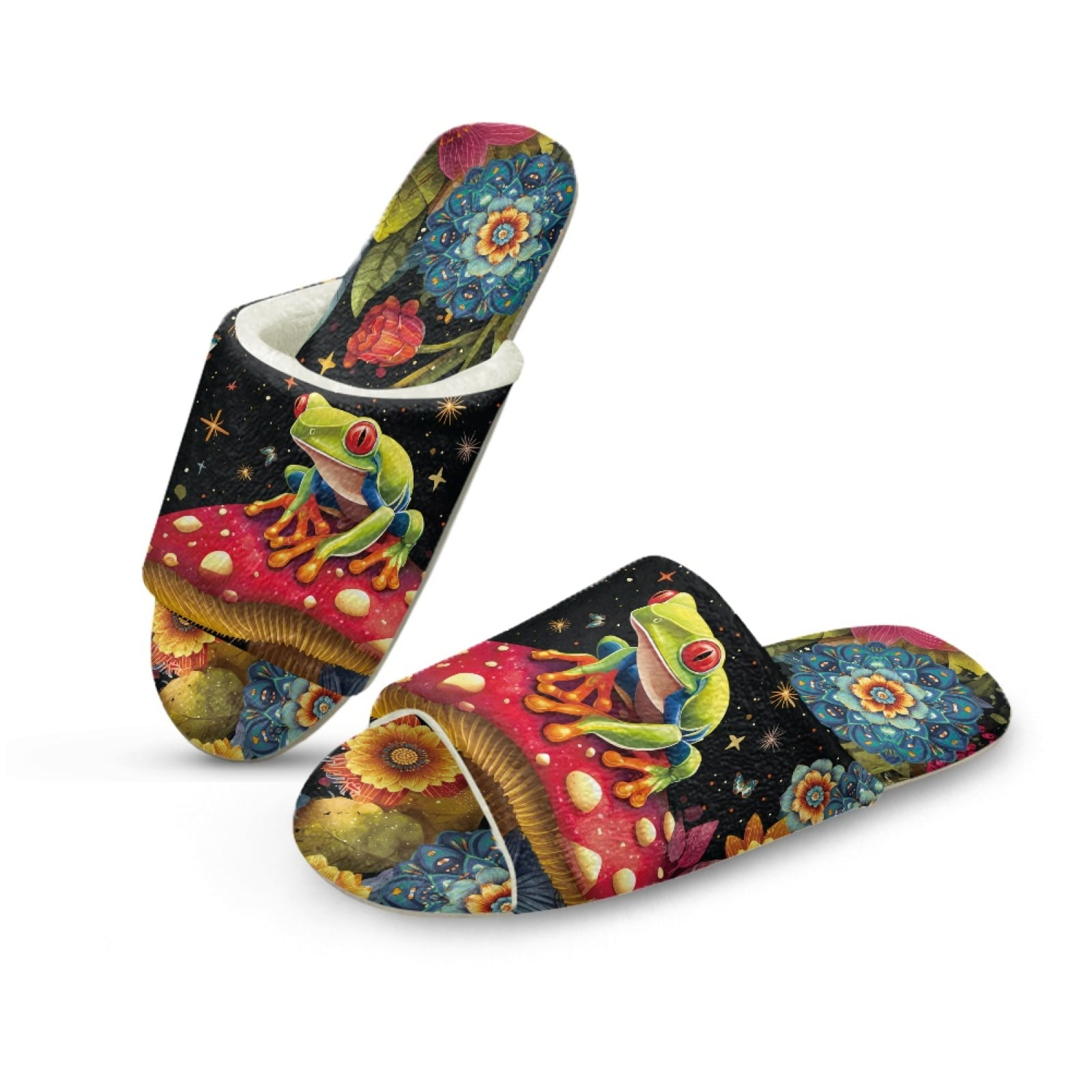 COEQINE Frog Mushroom Flower Slip On Slippers Womens Fluffy Slippers ...