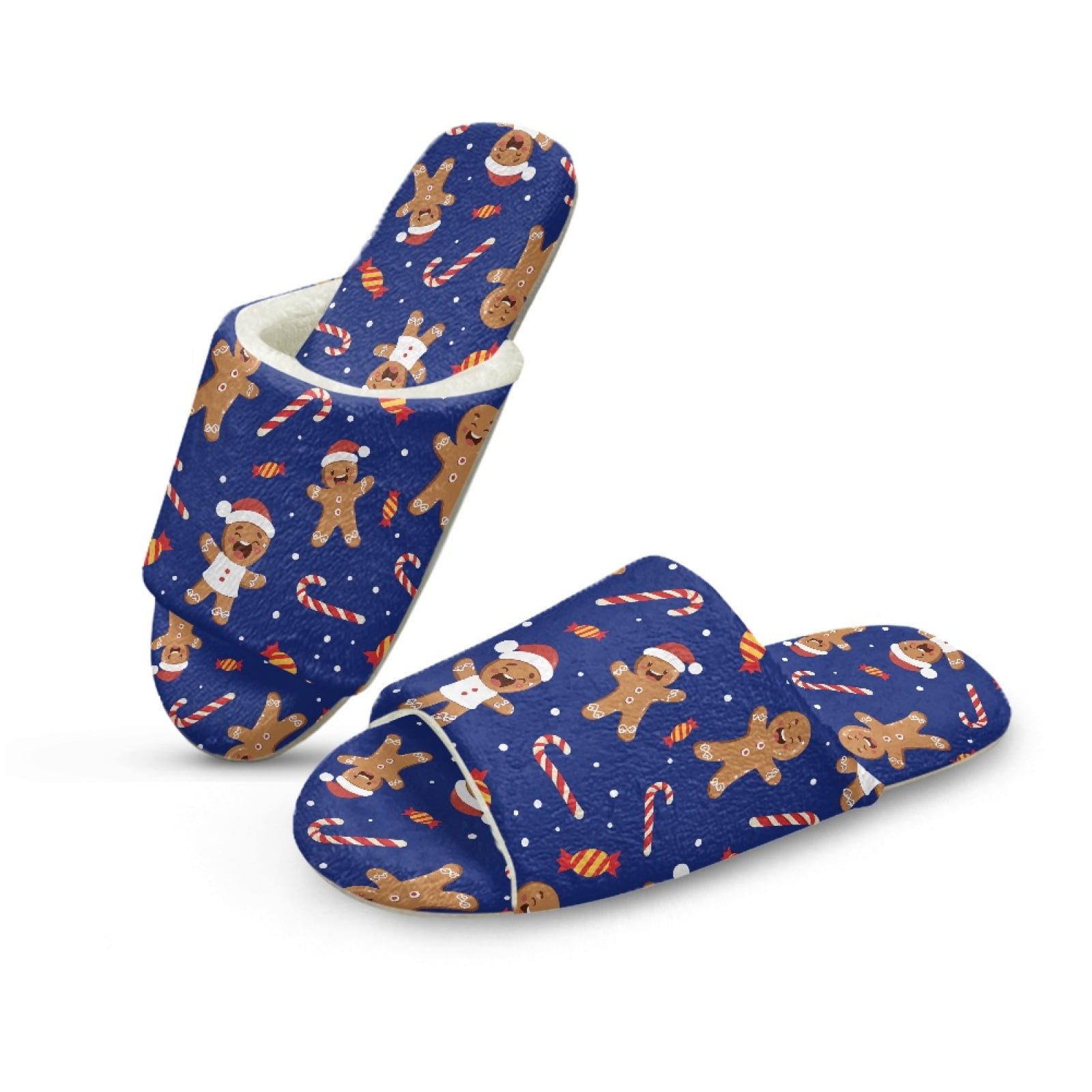 COEQINE Gingerbread Man Candy Canes Blue Bedroom Slippers Women Open ...
