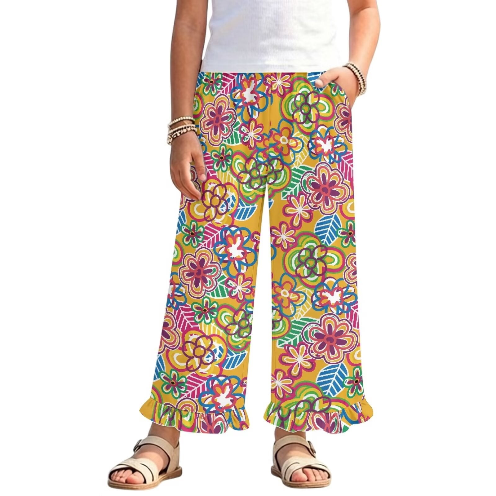 COEQINE Girls High Waisted Wide Leg Pants with Ruffle Hem, Full Length ...