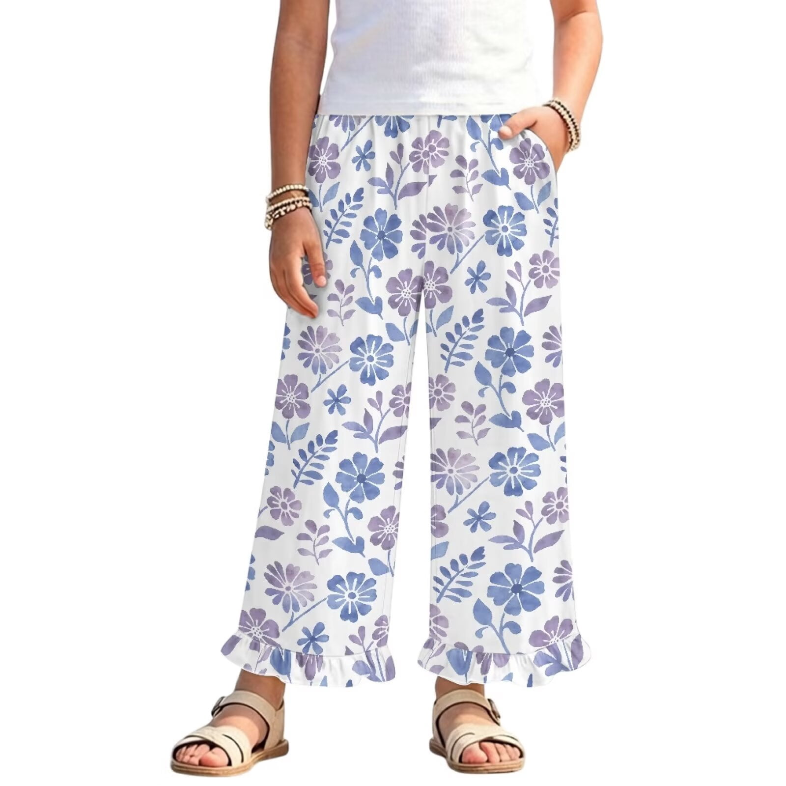 COEQINE Girls High Waisted Wide Leg Pants with Ruffle Hem, Full Length ...