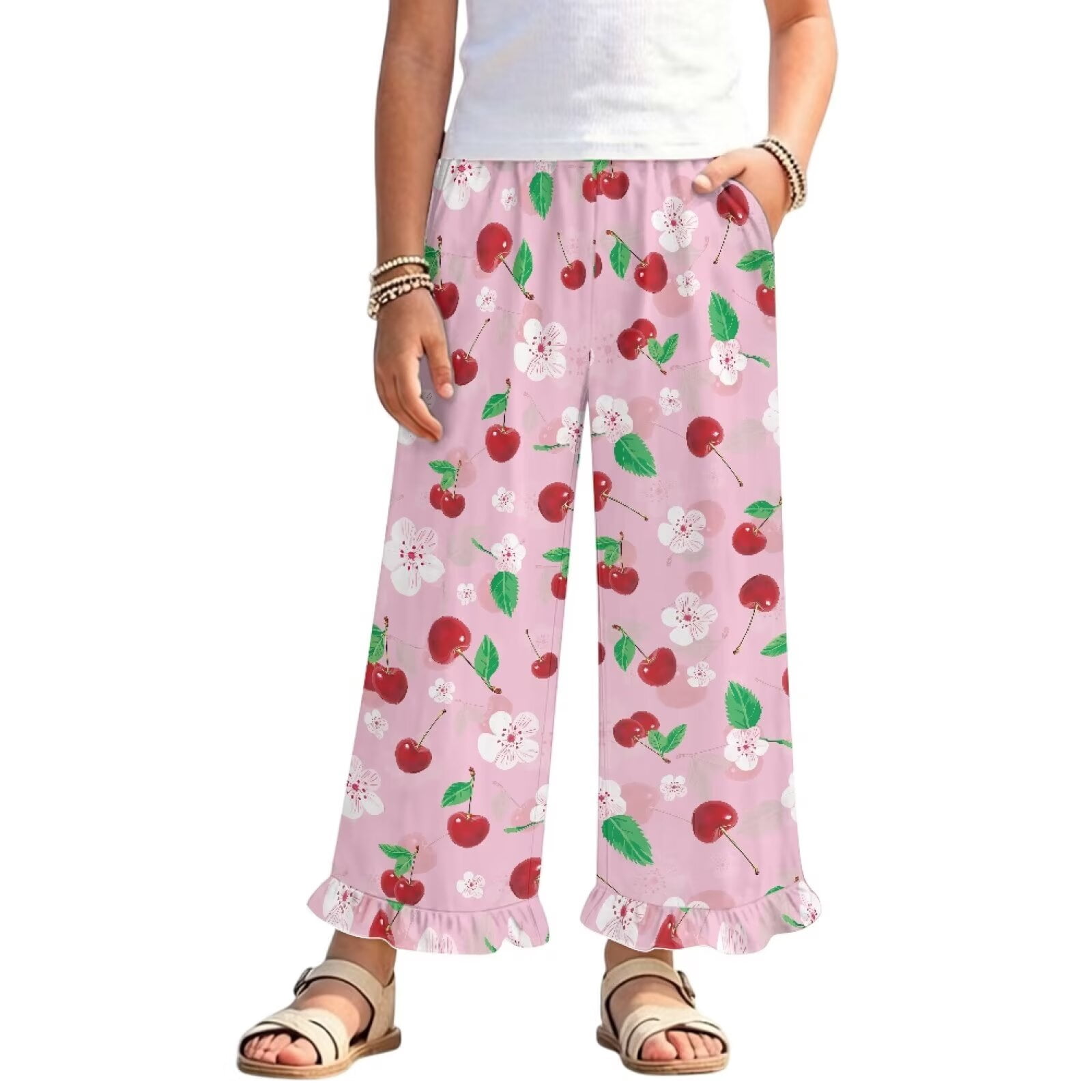 COEQINE Girls High Waisted Wide Leg Pants with Ruffle Hem, Full Length ...