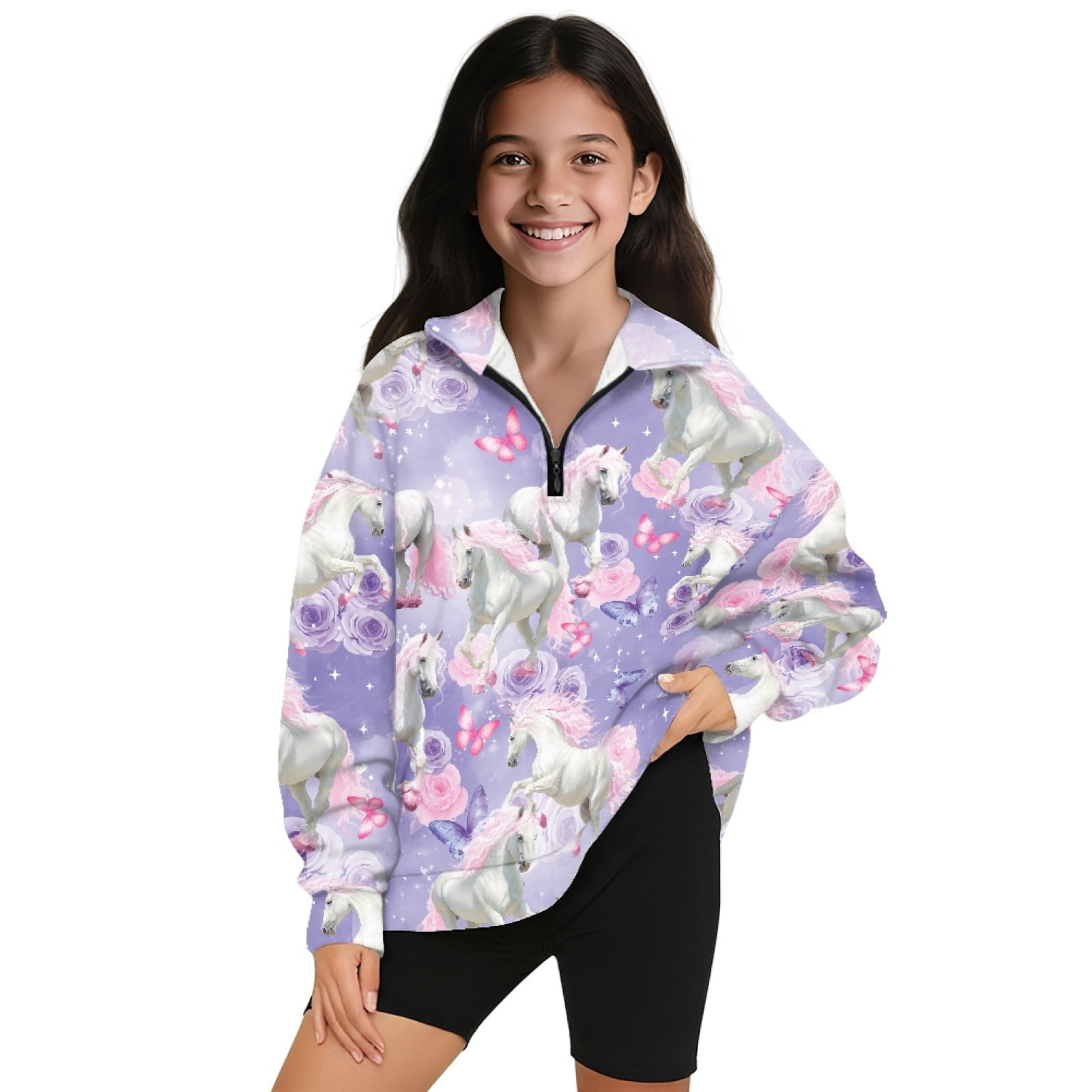 COEQINE Girls Quarter Zip Sweatshirt for School and Play, Loose Fit ...