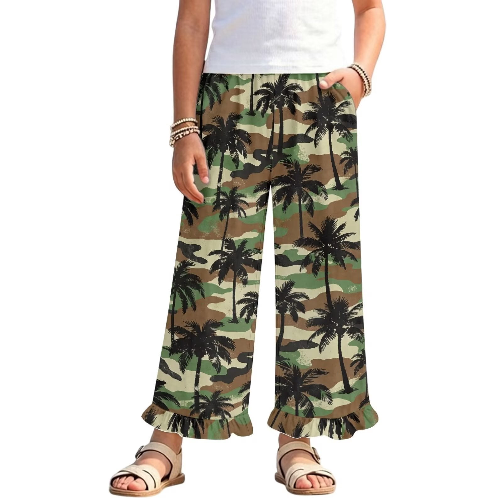 COEQINE Girls' Ruffle Pants Wide Leg Long Trousers Elastic Waist Loose ...