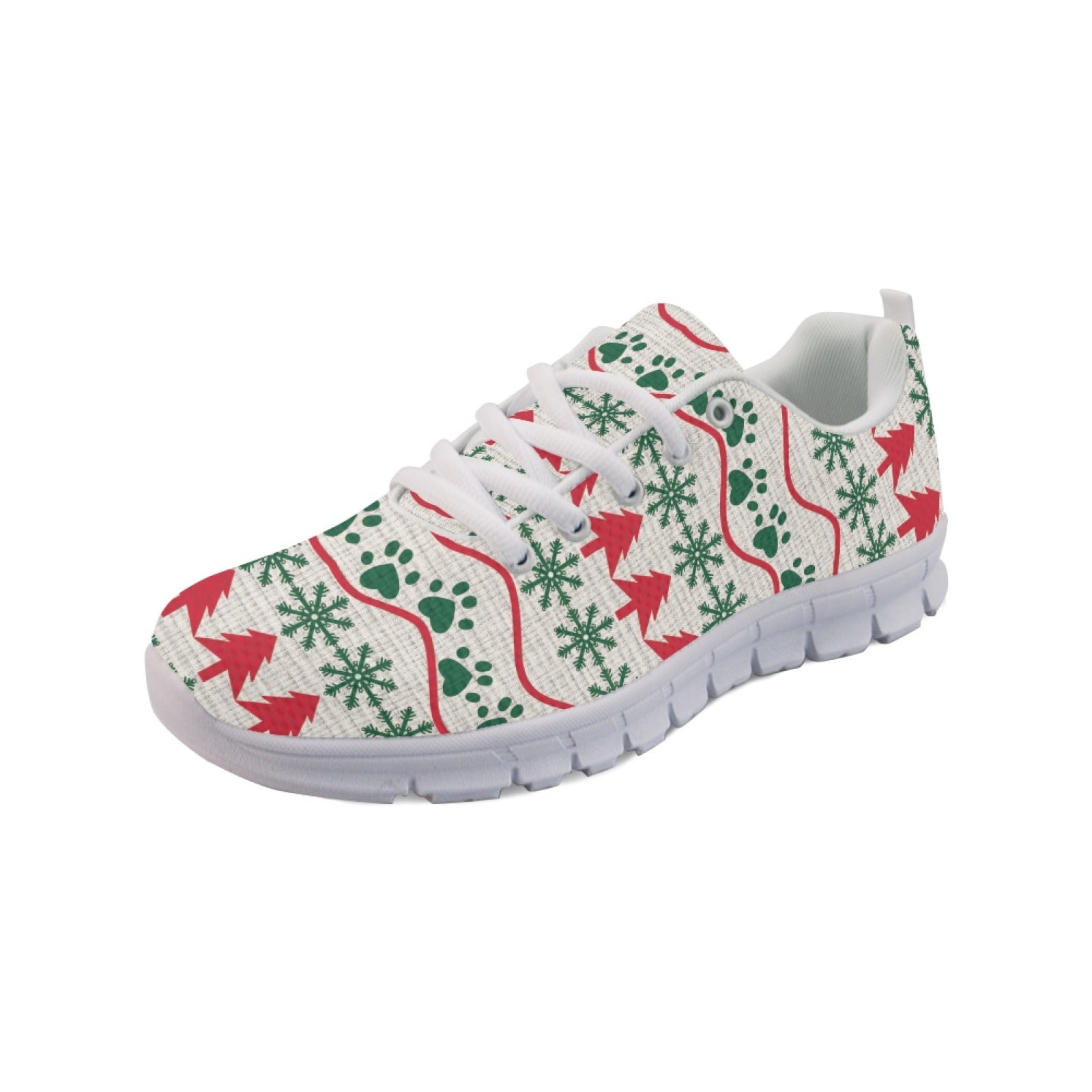 COEQINE Girls Sneakers Paw Christmas Tree Snowflake Print Lace Up White ...