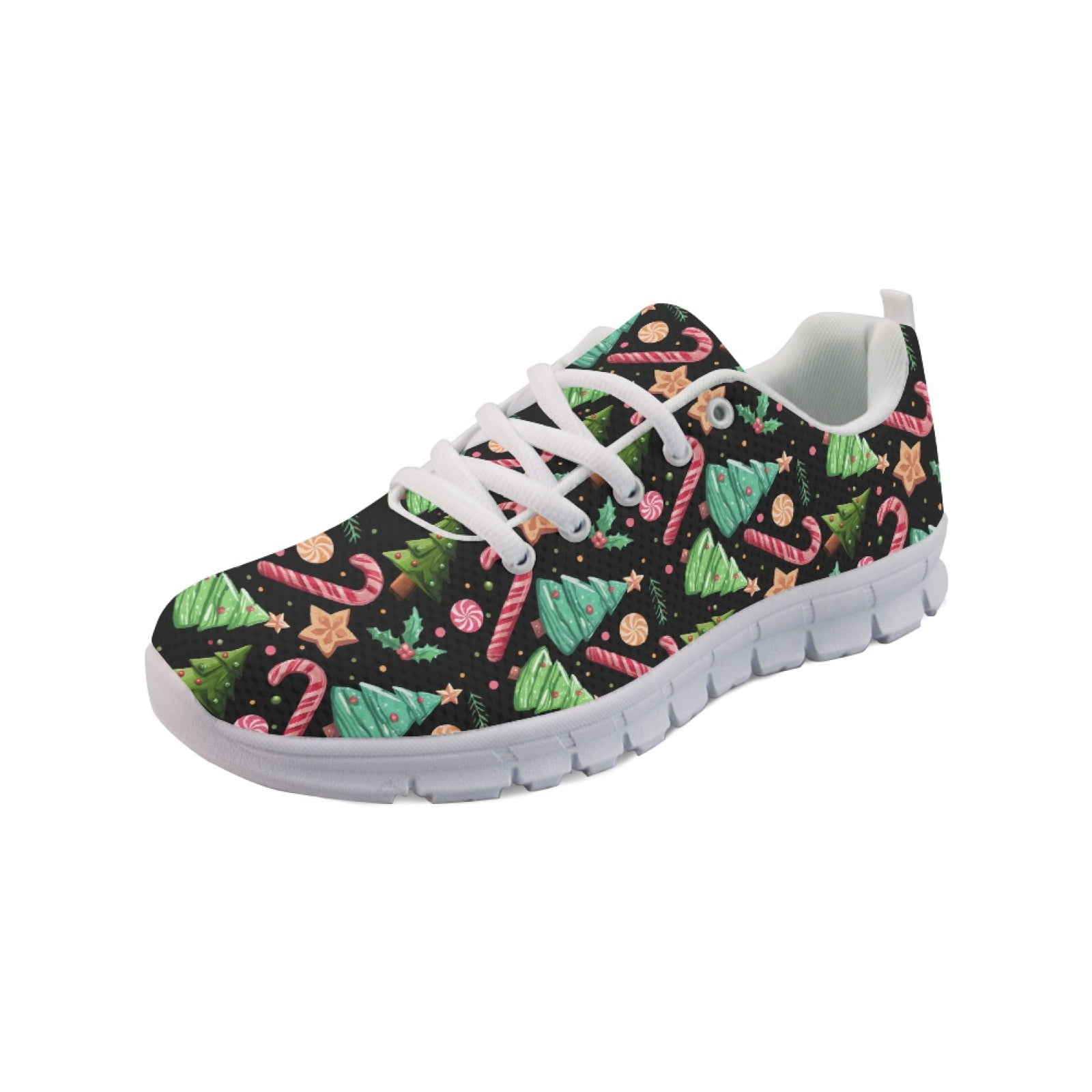 COEQINE Girls Sneakers White Sole Christmas Tree Candy Cane Print Lace ...