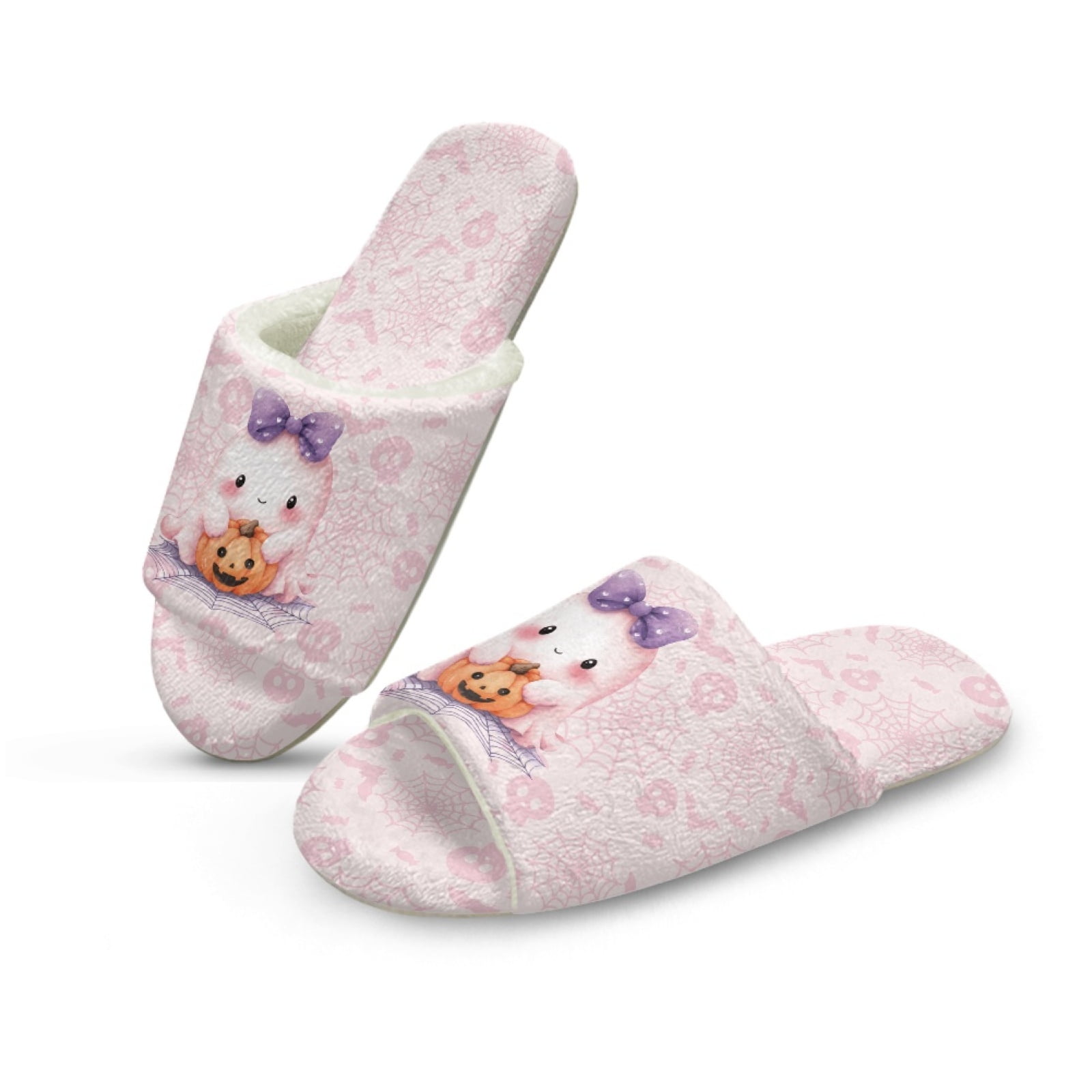 COEQINE Halloween Ghost Pink Slip On Slippers Womens Fluffy Slippers ...