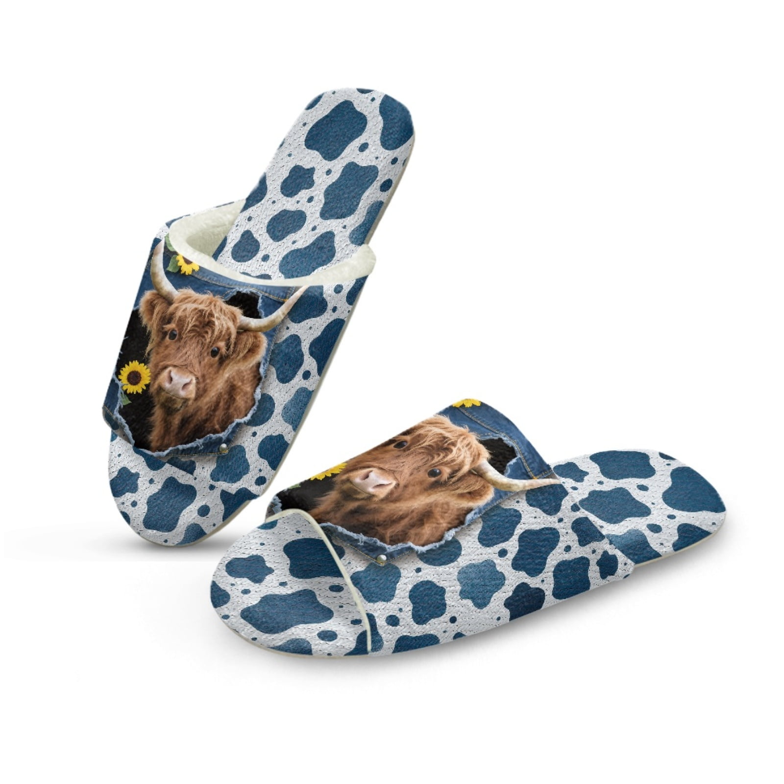 COEQINE Highland Cow Blue Cow Print Womens Warm Slippers Open Toe ...