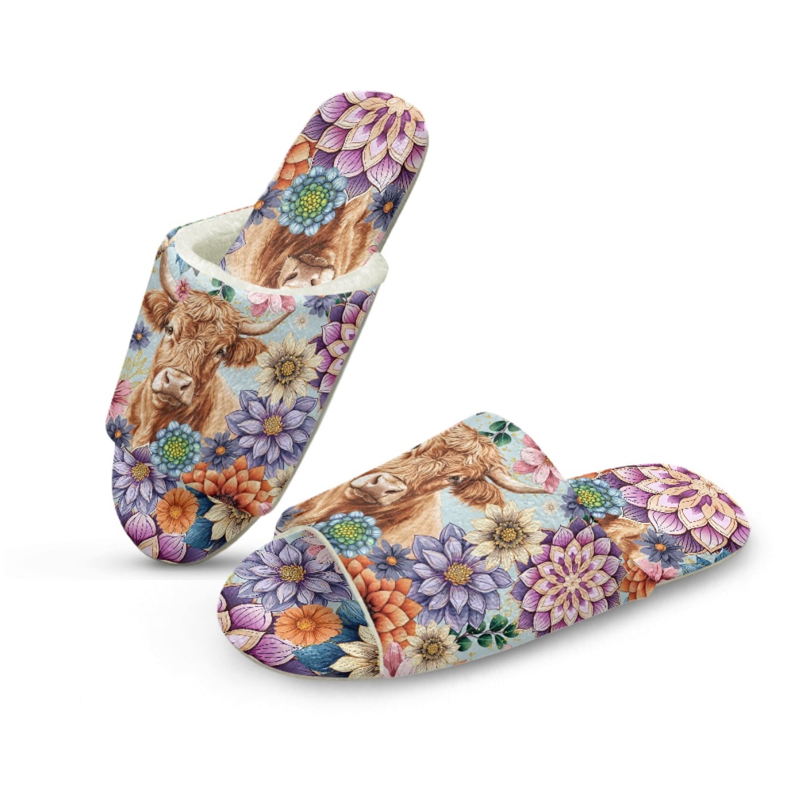 COEQINE Highland Cow Boho Floral Slip On House Slippers Cozy Fluffy ...