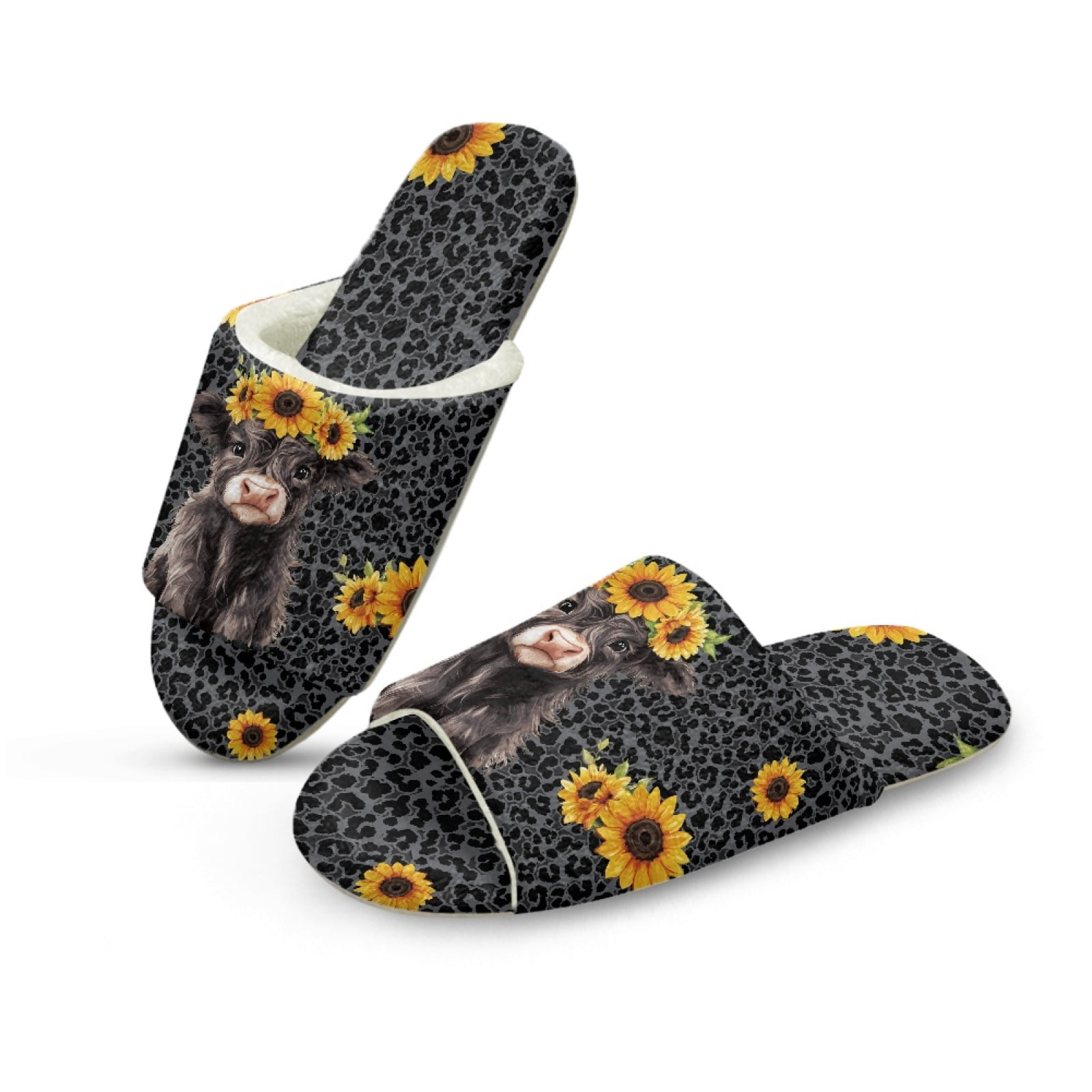 COEQINE Highland Cow Sunflower Fluffy Slippers for Women, Black Leopard ...
