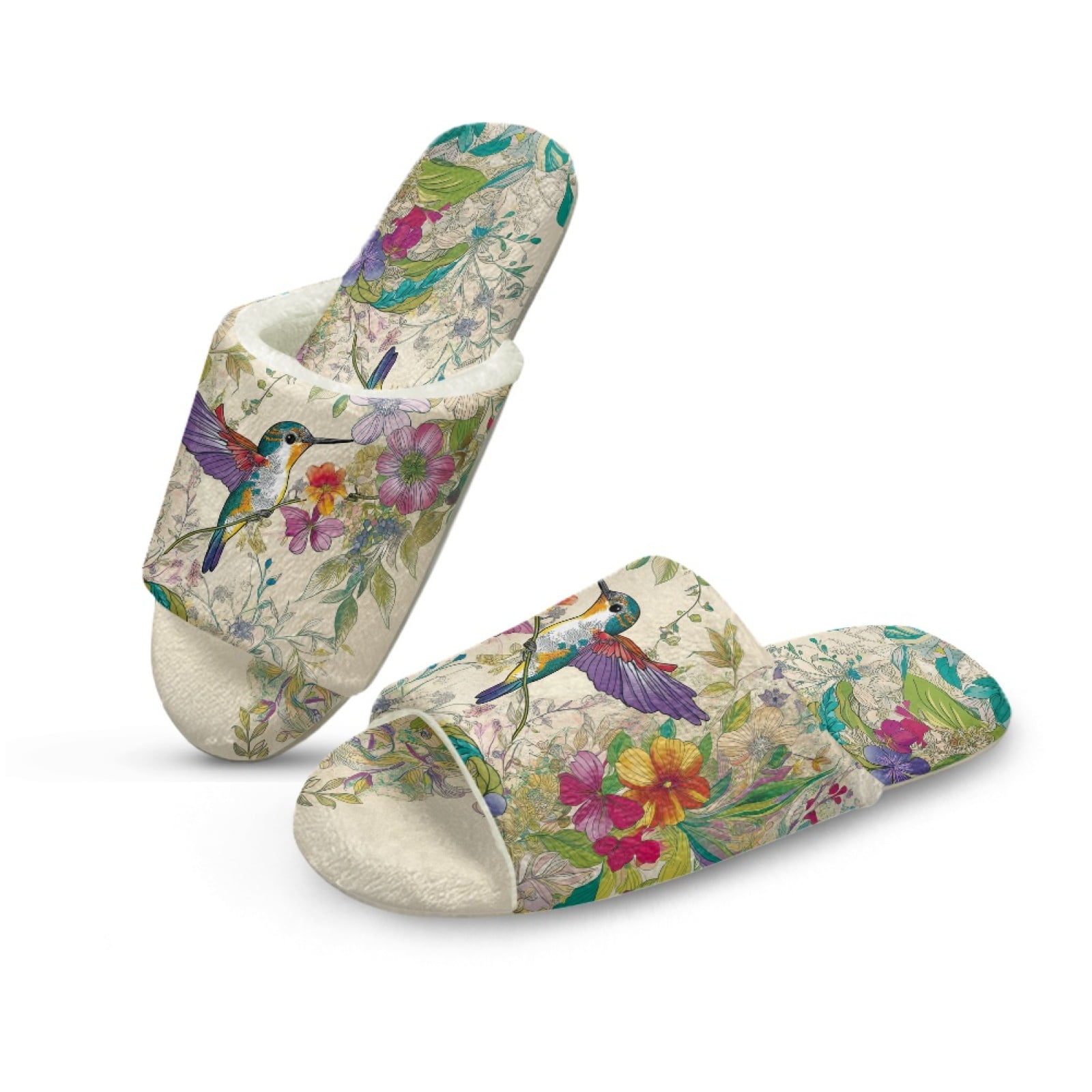 COEQINE Hummingbird Flower Fuzzy Slippers for Women Indoor Warm Winter ...