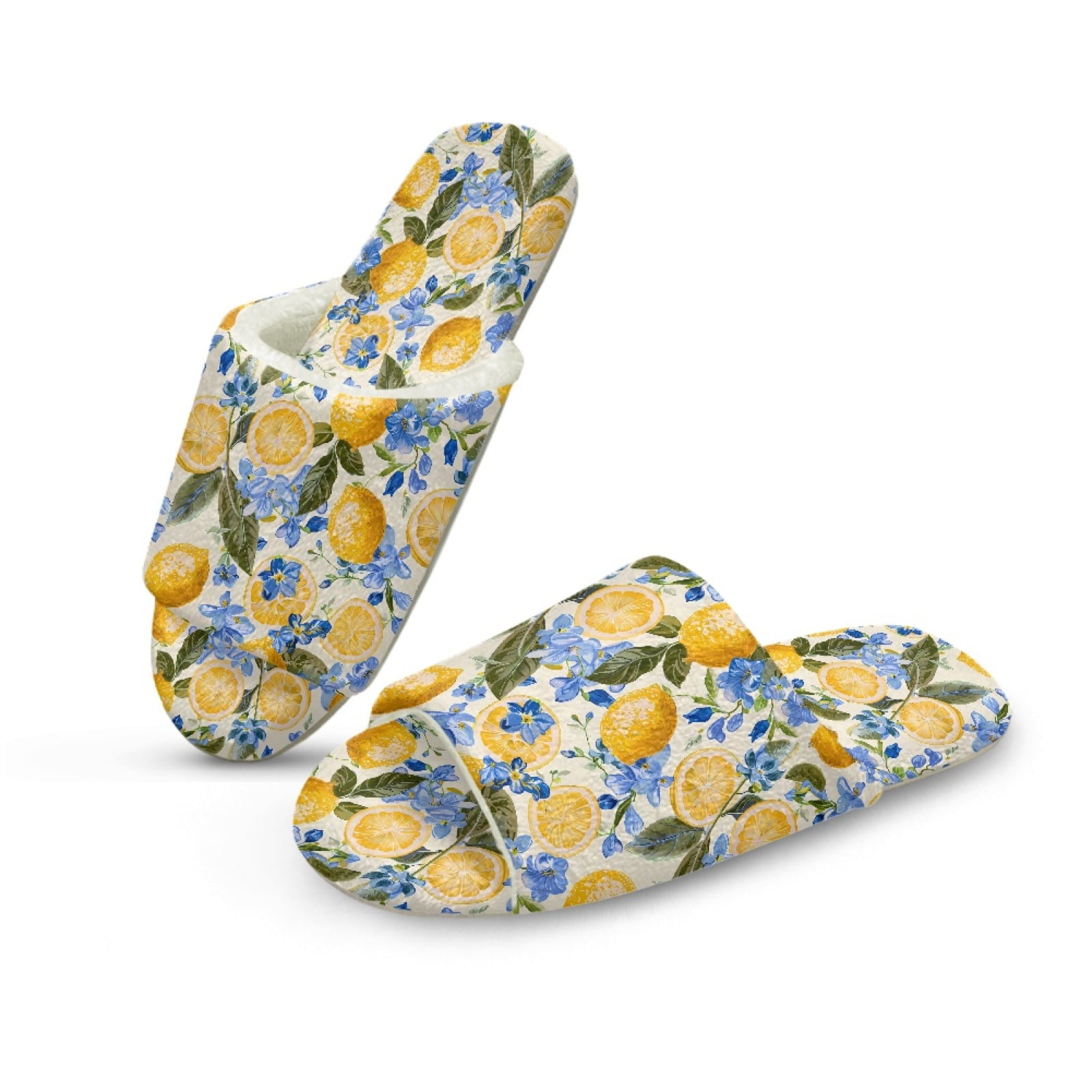 COEQINE Lemon Blue Flower Slippers for Women Fall Winter Fluffy ...